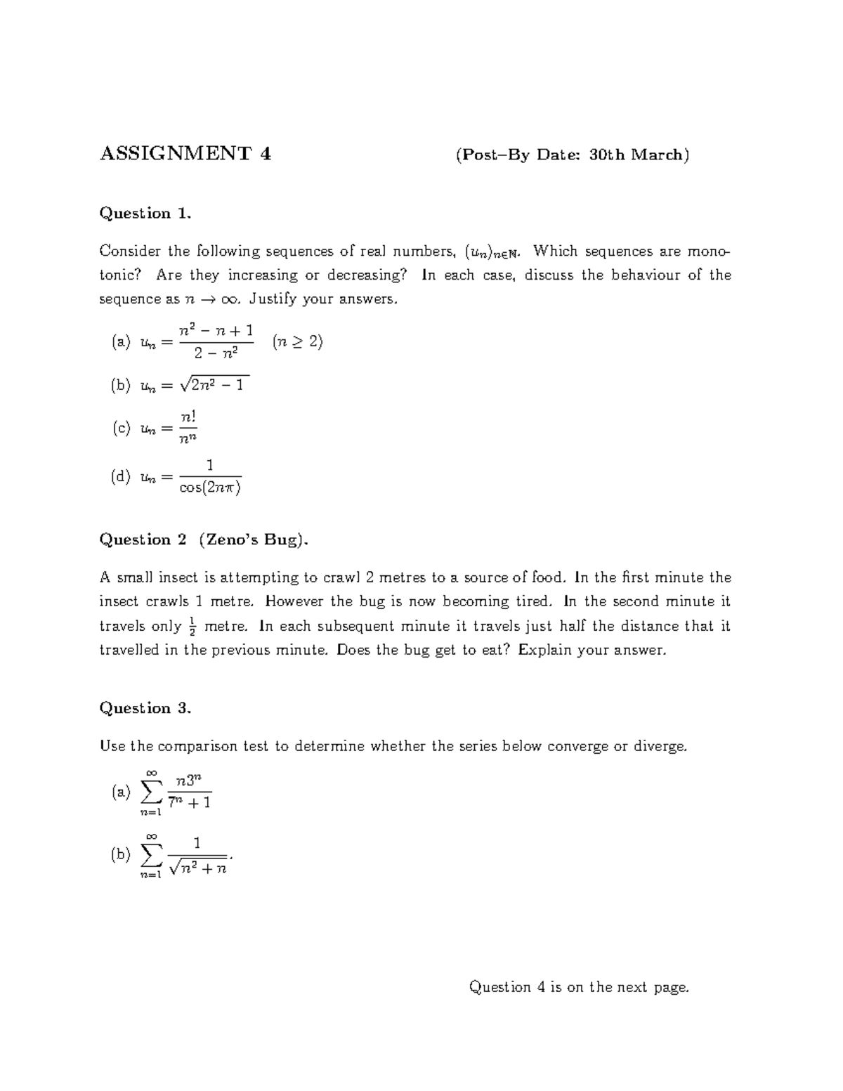 MATH101 2015 Assignment 4 - ASSIGNMENT 4 (Post–By Date: 30th March) Question 1. Consider the ...
