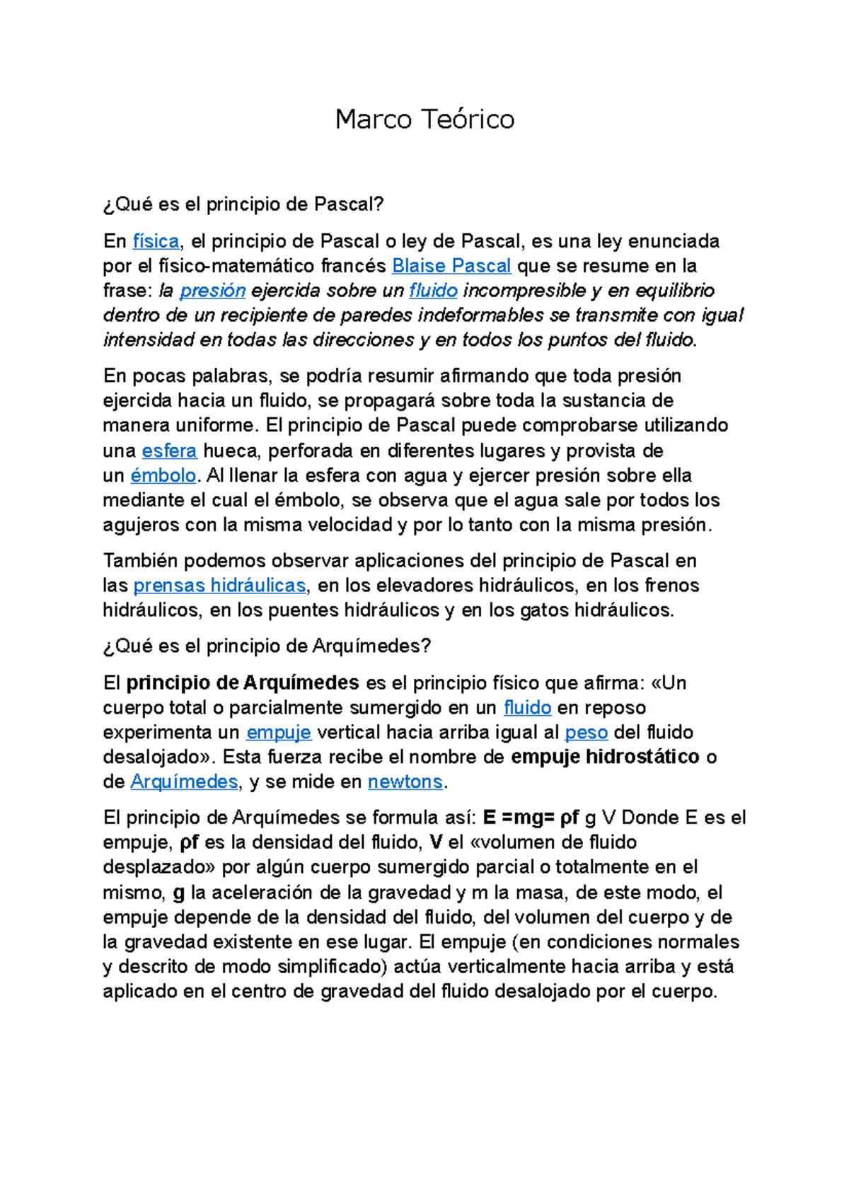Marco Teórico - Principio de Pascal y Arquimides - Marco Teórico ¿Qué ...