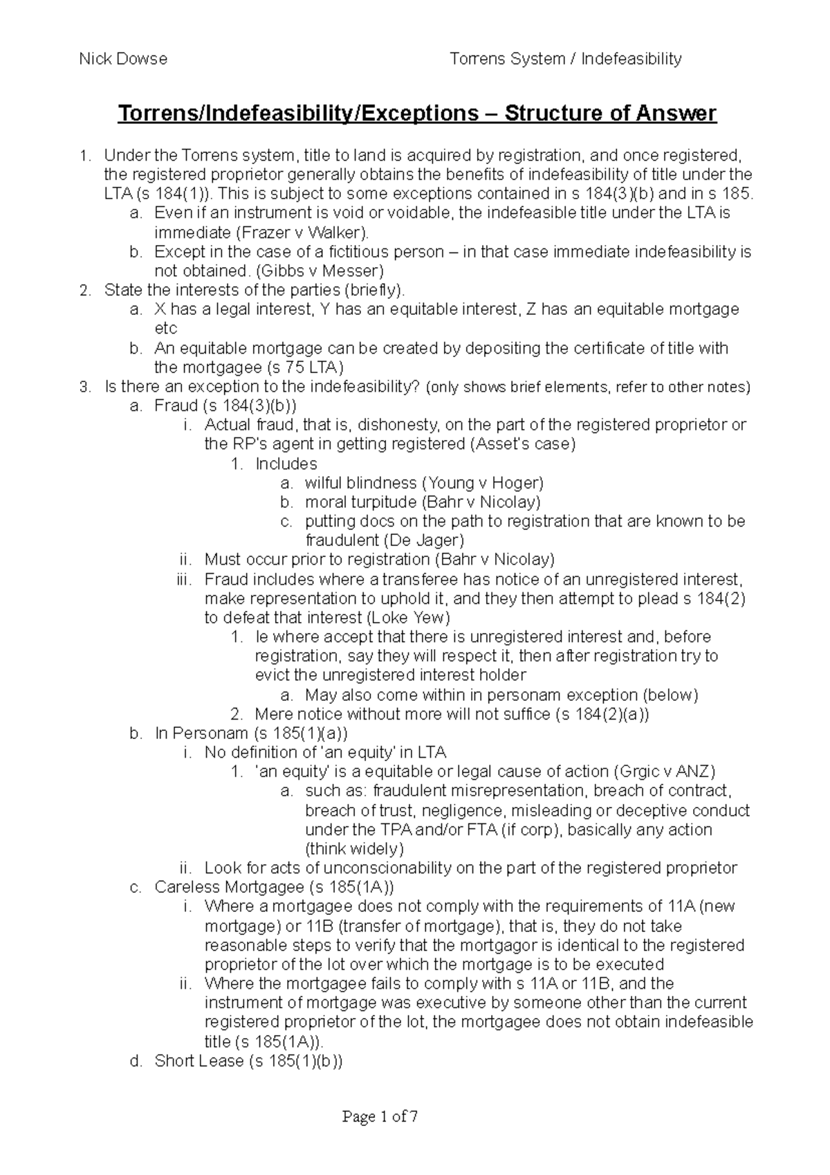Indefeasibility - Study Notes for property law on indefensibility ...