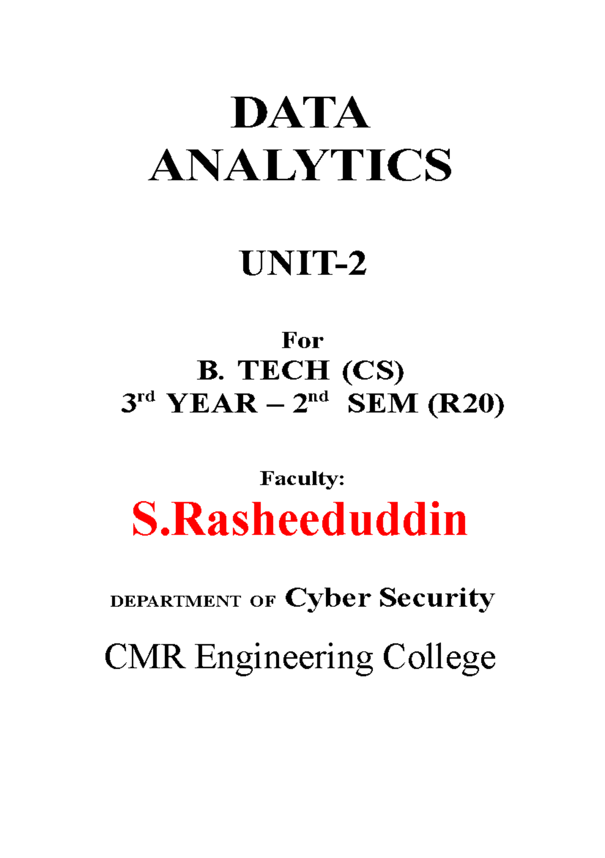 U2 - Notes - DATA ANALYTICS UNIT- For B. TECH (CS) 3 rd YEAR – 2 nd SEM ...