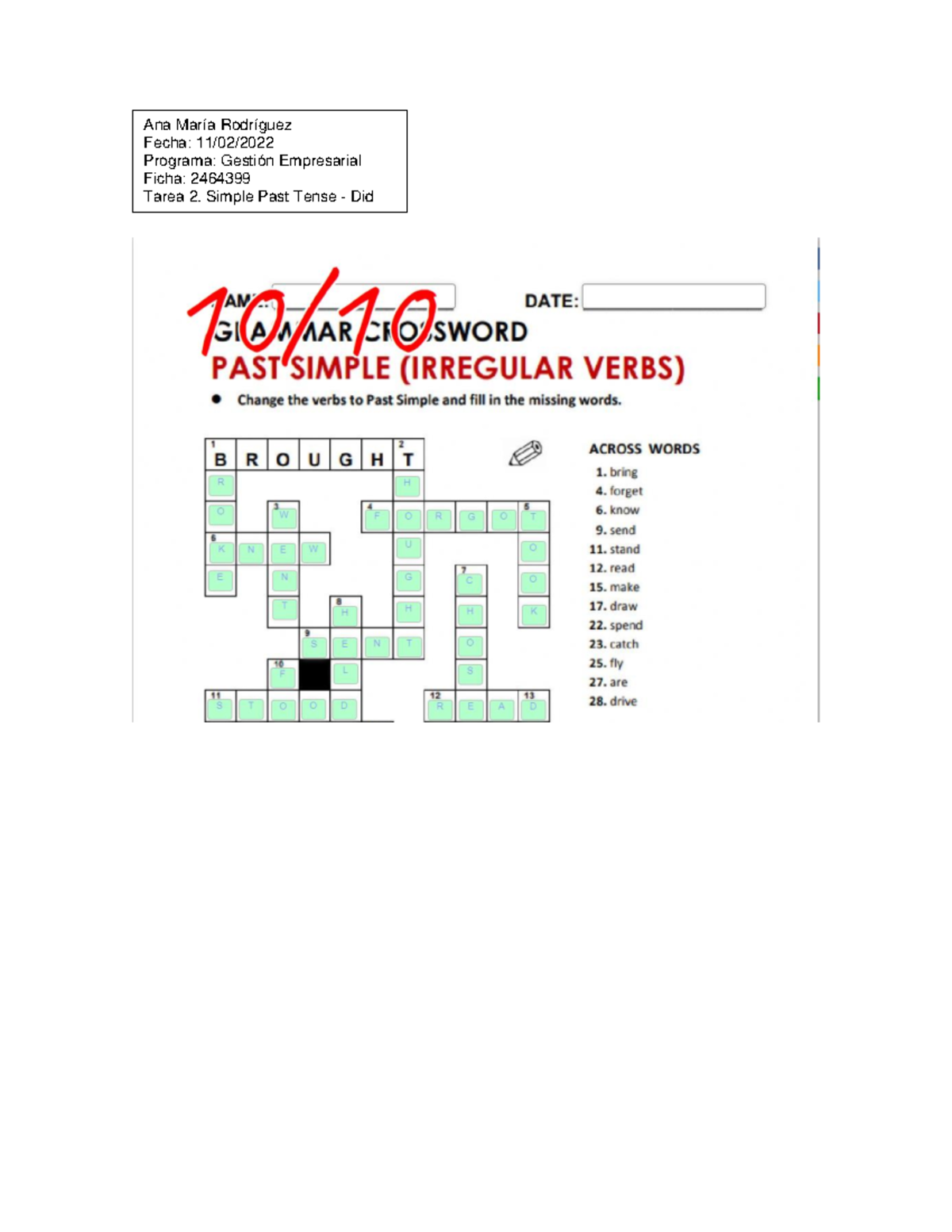 Tarea 2. Simple Past Tense - Did - Ingles 1 - Ana María Rodríguez Fecha ...