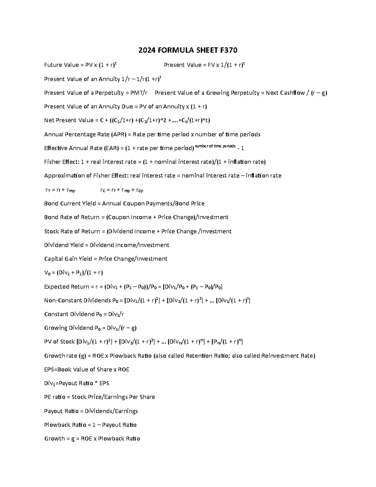 2024 Formula Sheet F370 - 2024 FORMULA SHEET F Future Value = PV x (1 ...