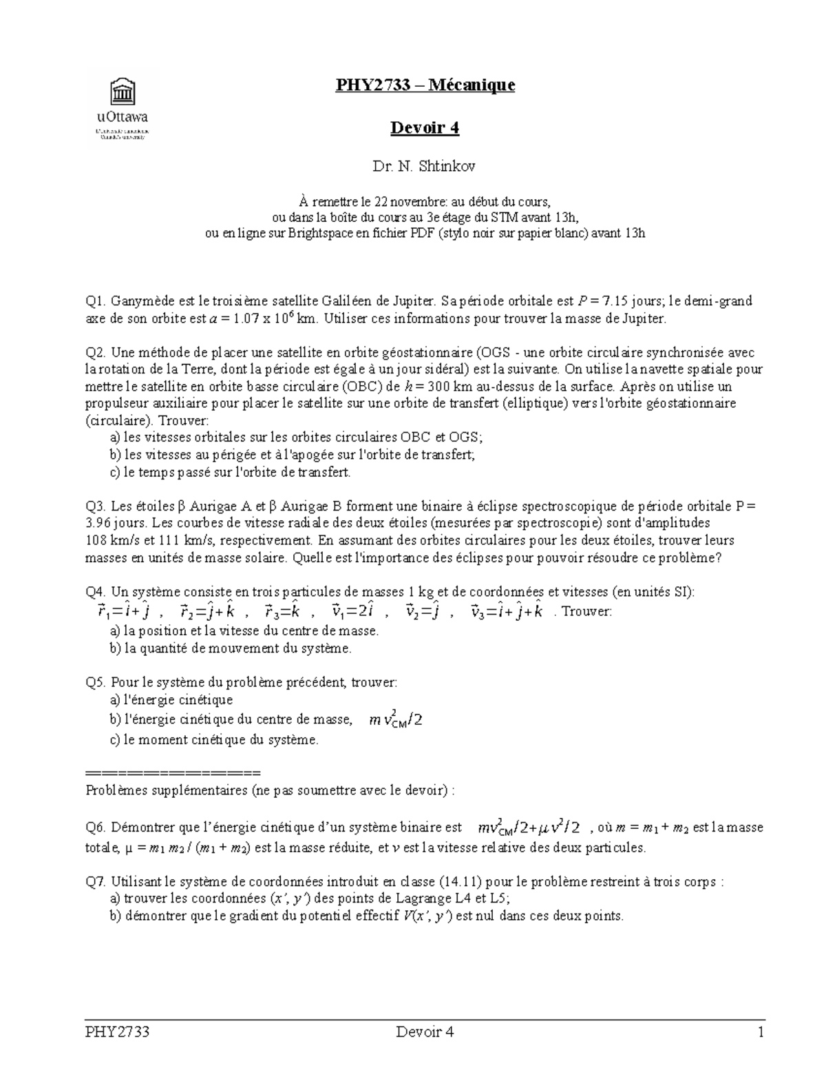 Assignment 4 of PHY2733 Mechanics - PHY 2733 – Mécan ique Devoir 4 Dr ...