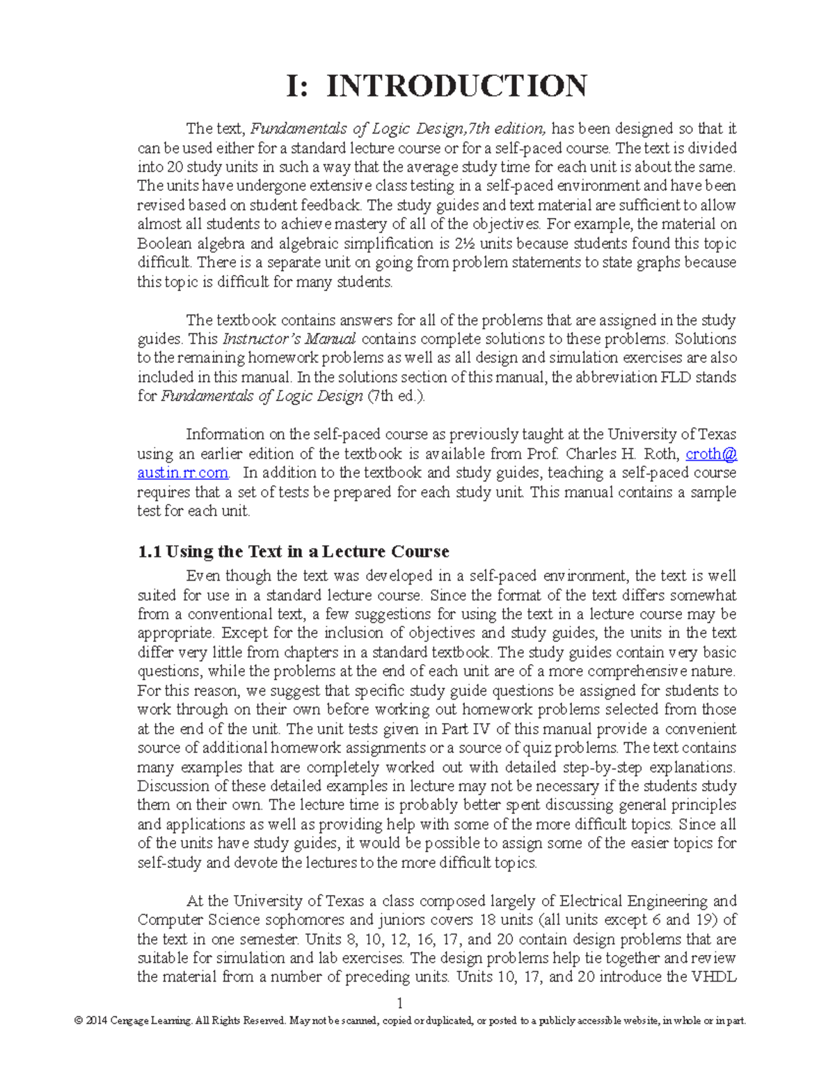 Roth 7e ISM Unit 01 Problem Solutions - 1 I: INTRODUCTION The text, Fundamentals of Logic Design ...