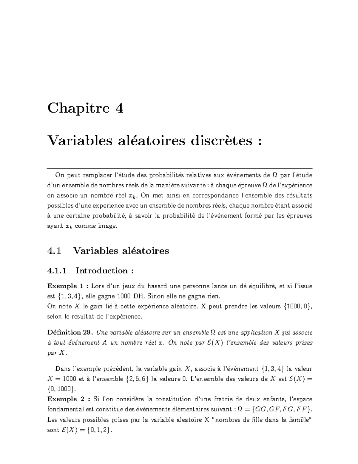 Chapitre 4 Probabilité - Chapitre 4 Variables al ́eatoires discr`etes ...