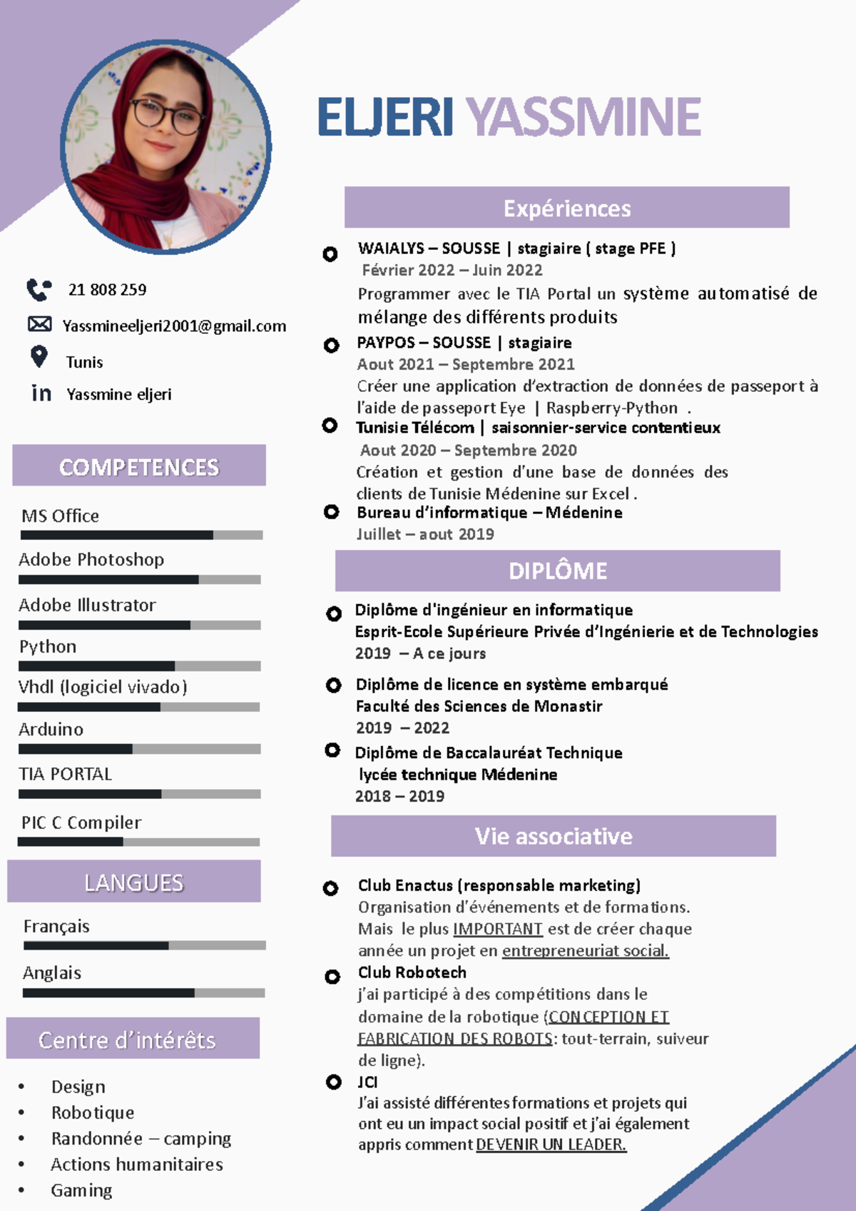 Cv yassmine eljeri - • Design • Robotique • Randonnée – camping ...