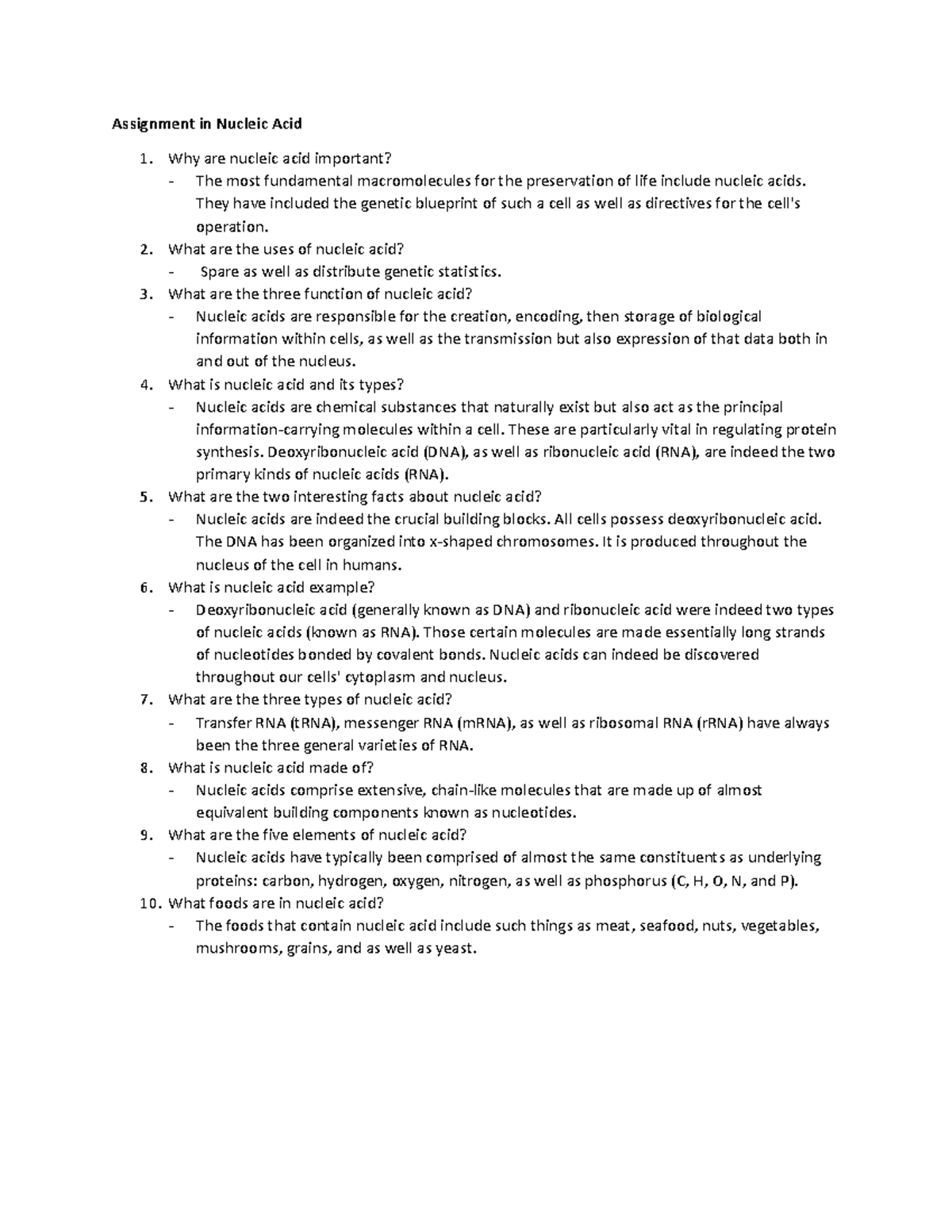 Assignment in Nucleic Acid - Why are nucleic acid important? - The most ...