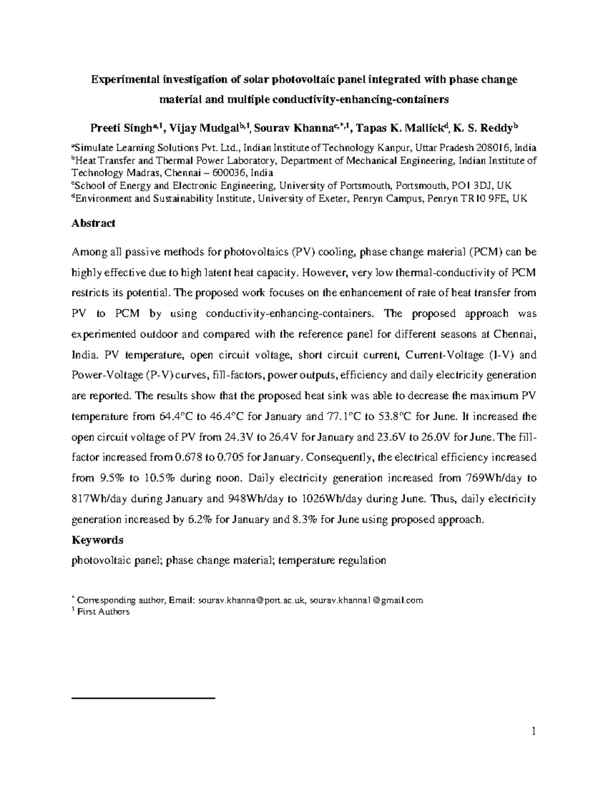 Experimental investigation of solar photovoltaic panel - Mallick d , K ...