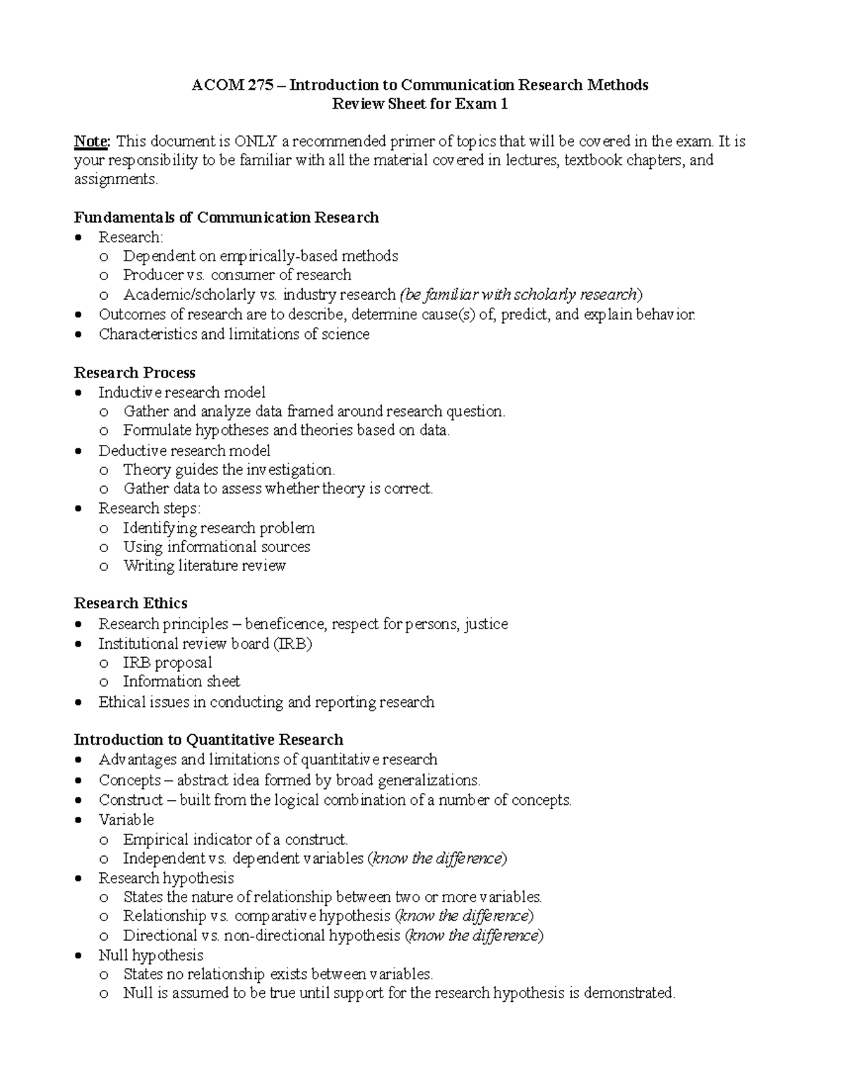 ACOM275 Exam 1 Review Sheet - ACOM 275 – Introduction to Communication Research Methods Review ...