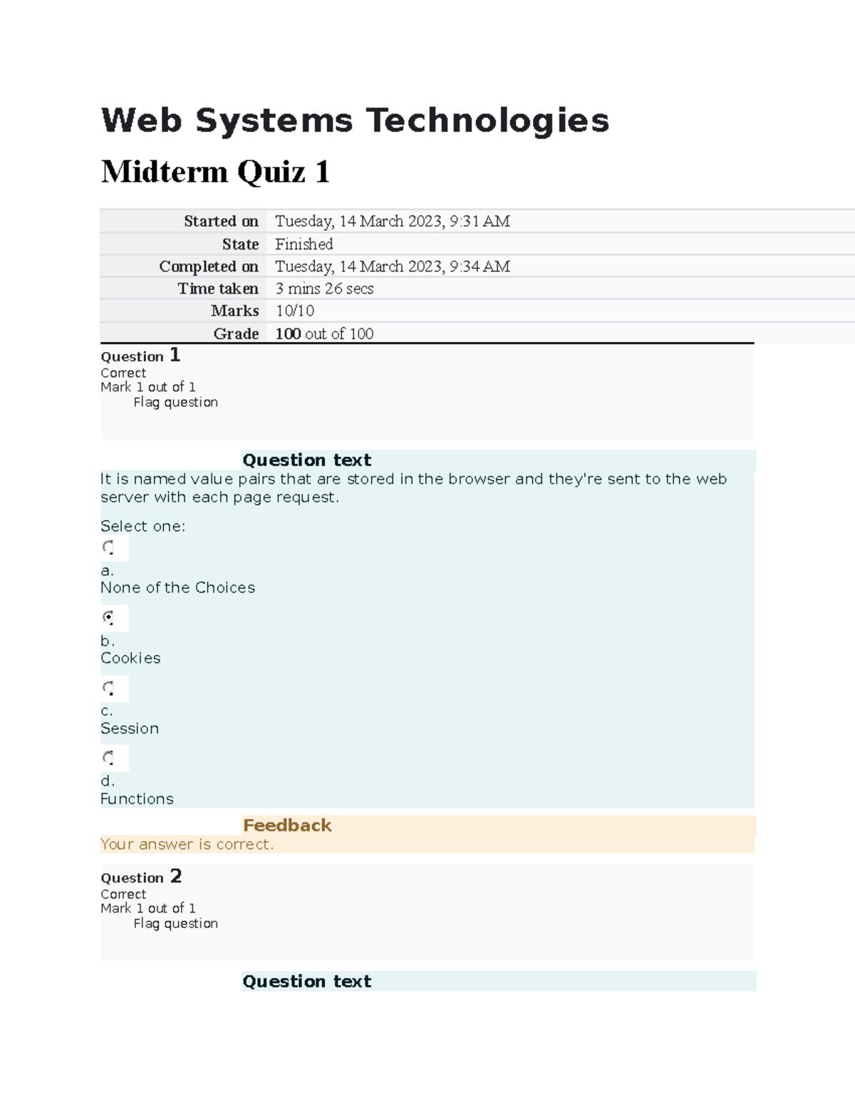 Web Systems Technologies Mid Quiz Web Systems Technologies Midterm Quiz 1 Started On Tuesday