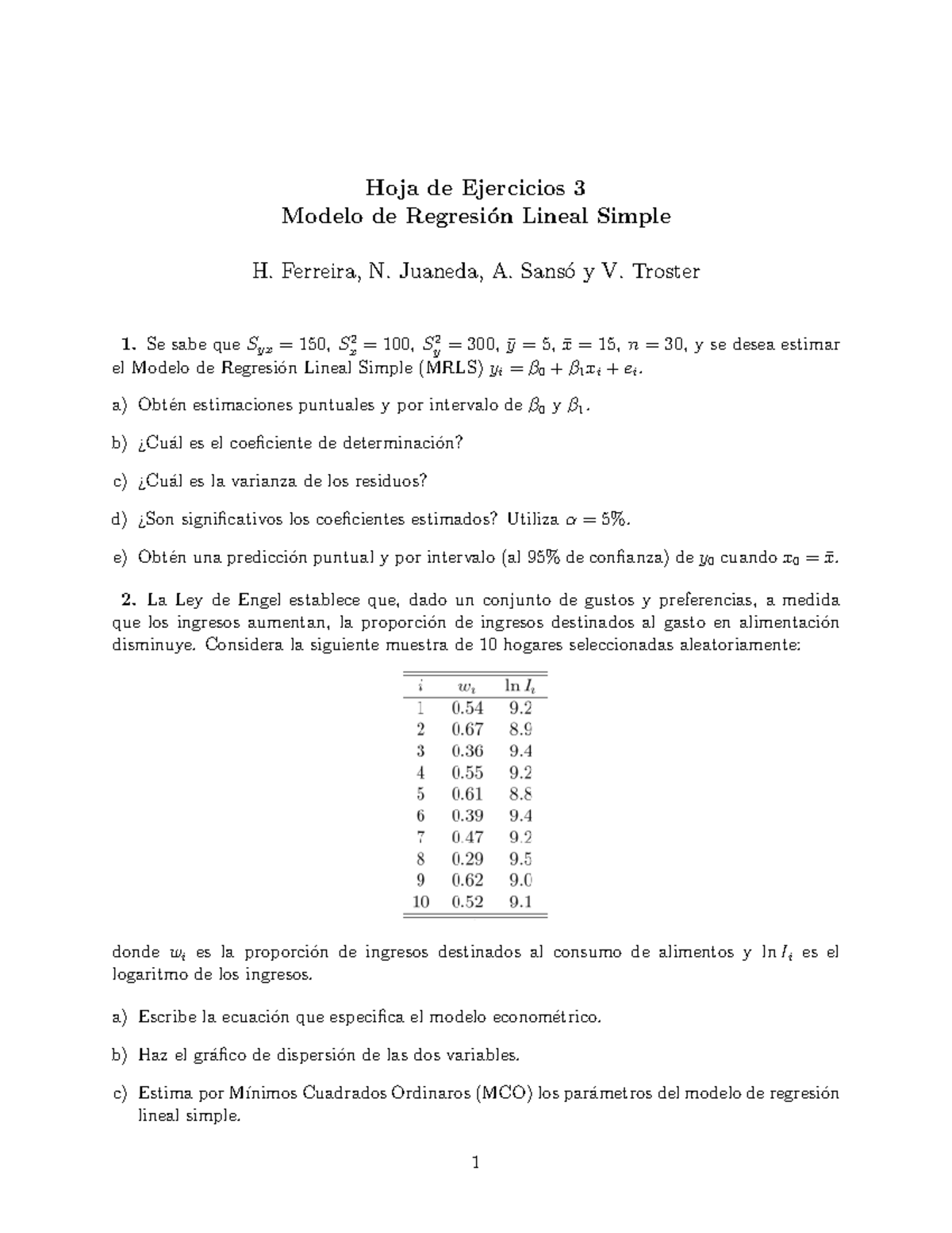 Hoja de Ejercicios 3 lkh lib,m jb b lbn b - Hoja de Ejercicios 3 Modelo de Regresi ́on Lineal ...