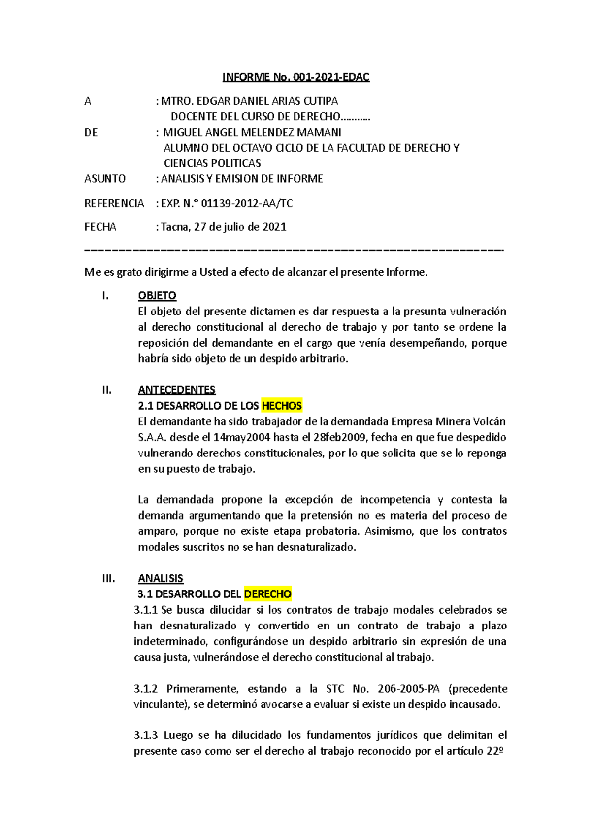 8. Informe - Ejemplo - INFORME No. 001-2021-EDAC A : MTRO. EDGAR DANIEL ...