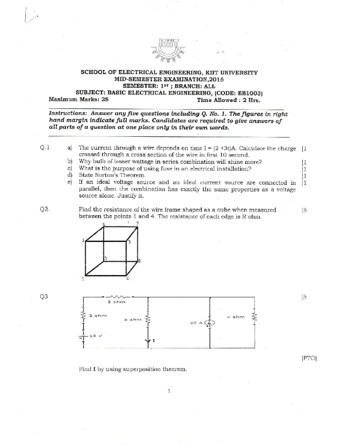 Basic Electrical Engg -EE 1003- Mid Semester 2016 - Basic Electrical ...