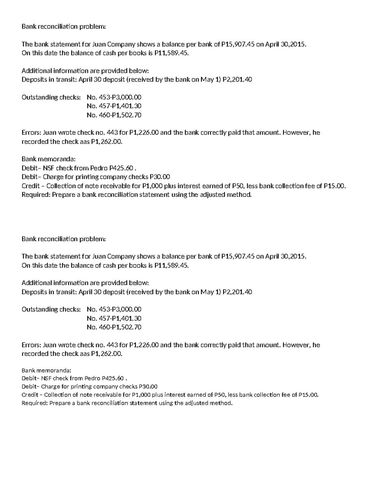 Bank reconciliation problem - On this date the balance of cash per ...