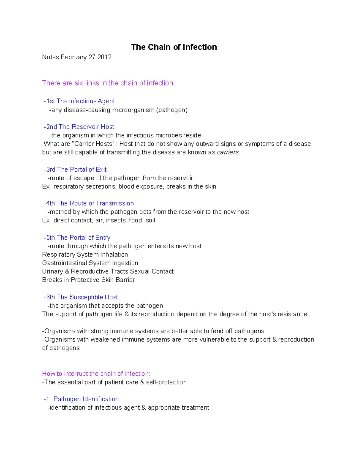 Chain of Infection - The Chain of Infection Notes:February 27, There ...