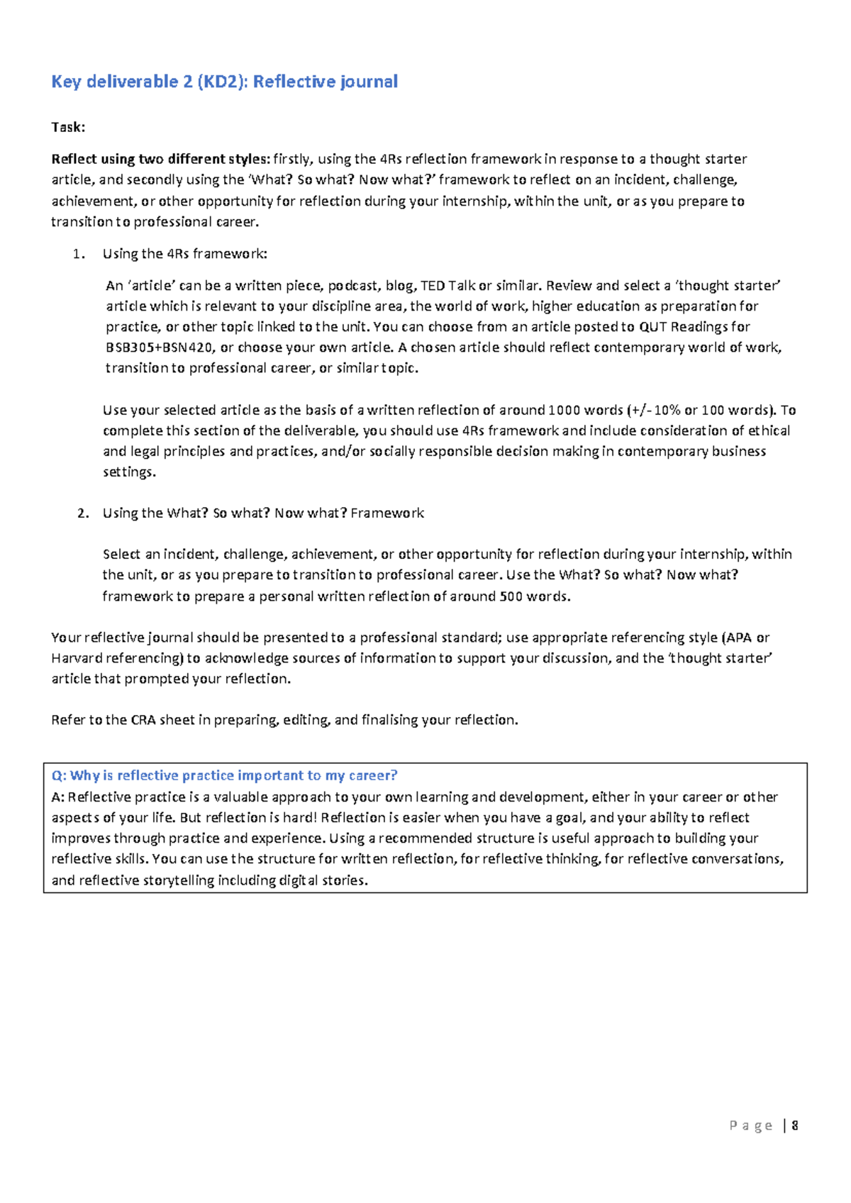 KD2 Reflective journal-3 - P a g e | 8 Q: Why is reflective practice ...