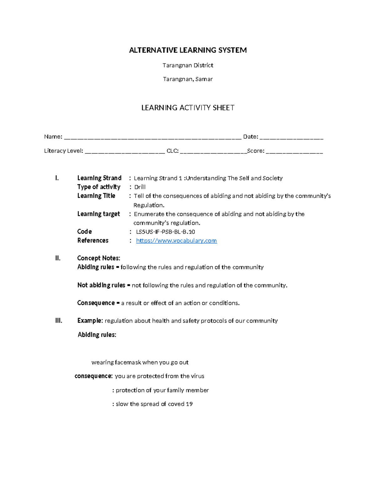 Alternative Learning System - ALTERNATIVE LEARNING SYSTEM Tarangnan ...