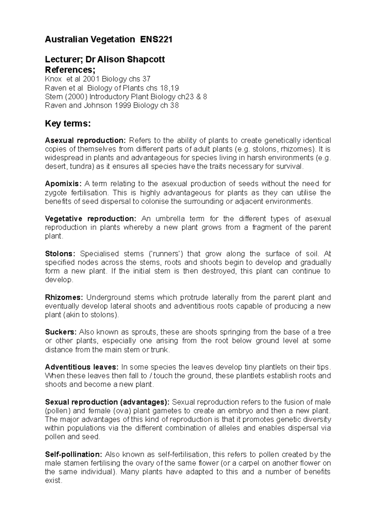 ENS221 Lecture Summary 12 - Australian Vegetation ENS Lecturer; Dr ...