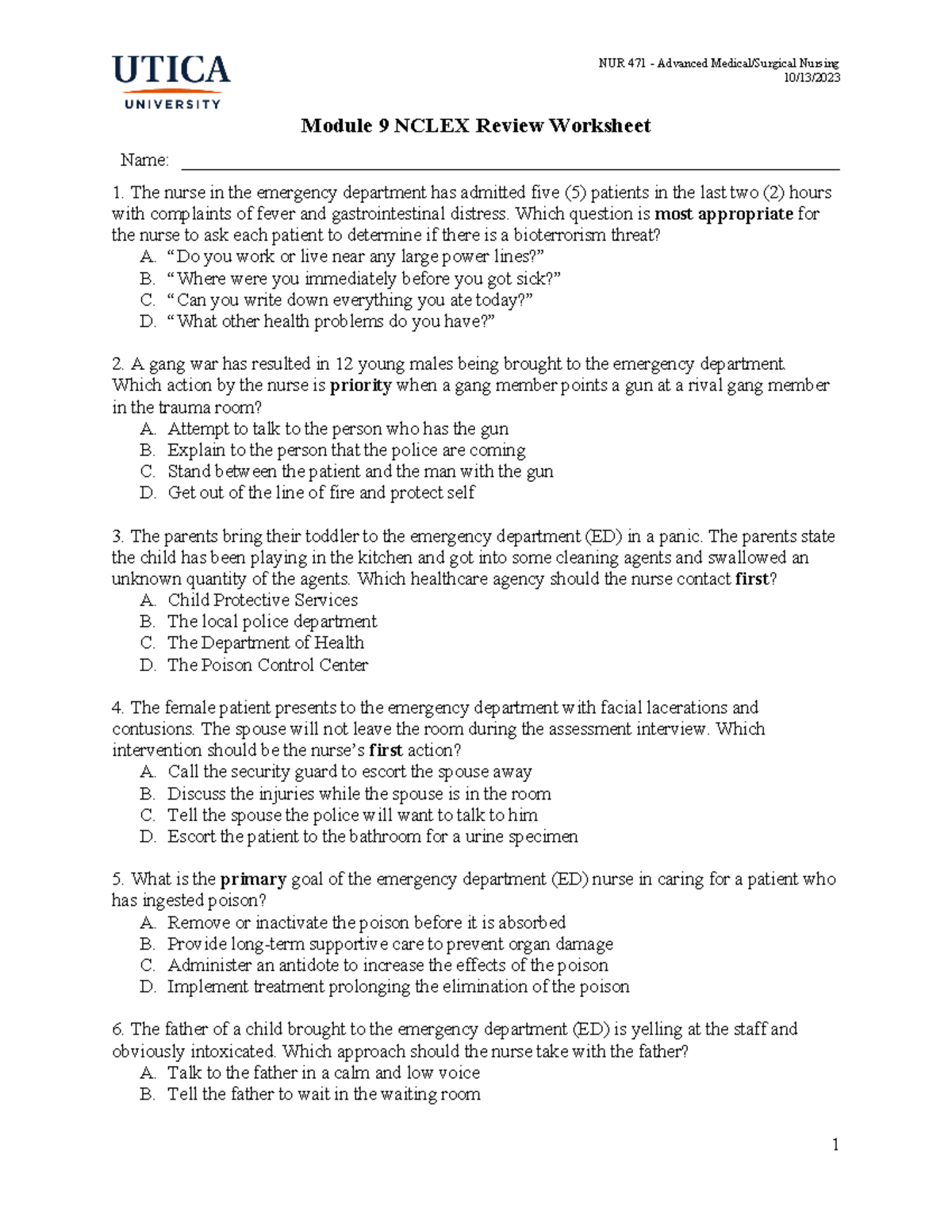 Module 9 Nclex Review Worksheet - 10/13/ Module 9 NCLEX Review ...