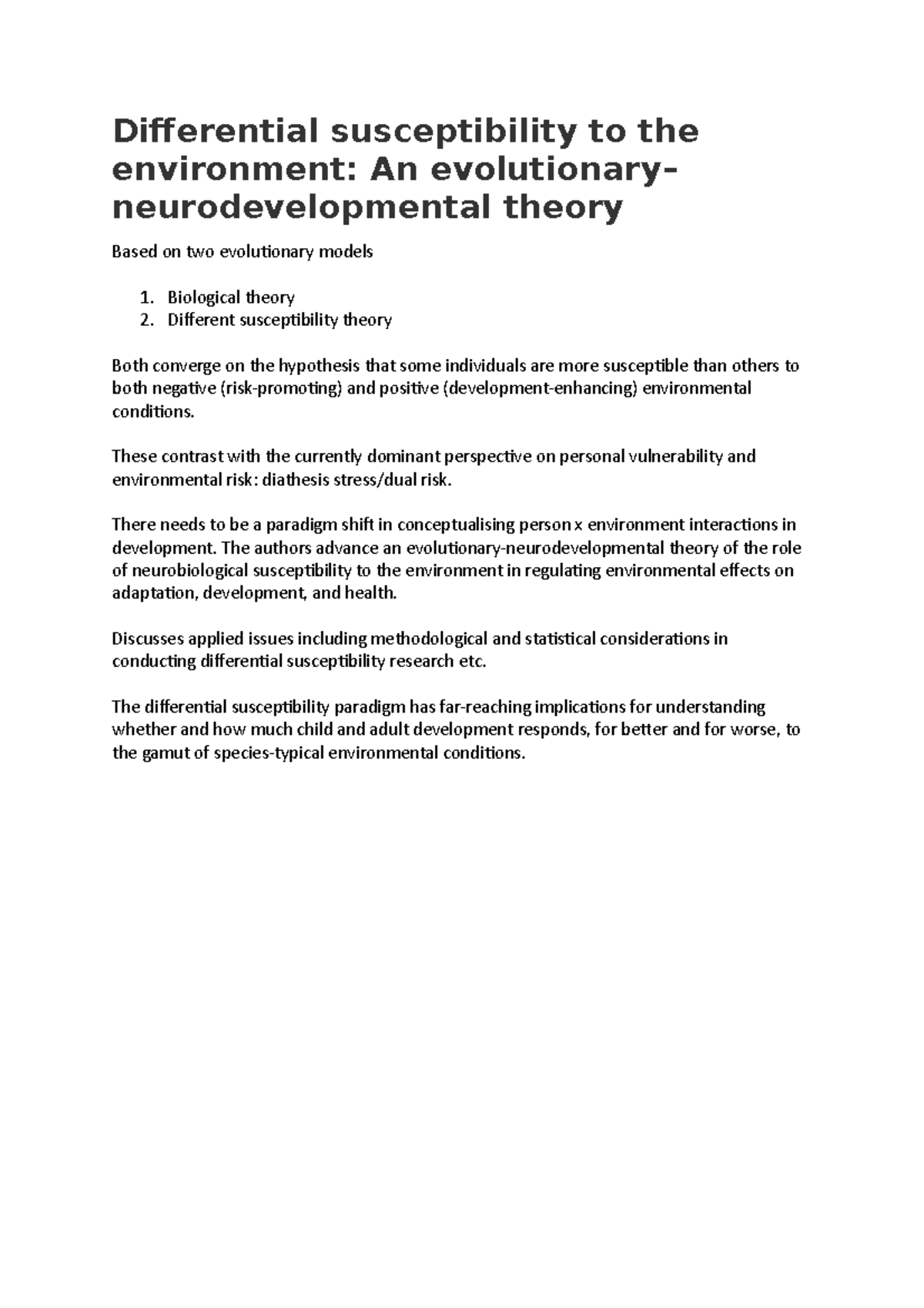 W4 Differential susceptibility to the environment An evolutionary ...