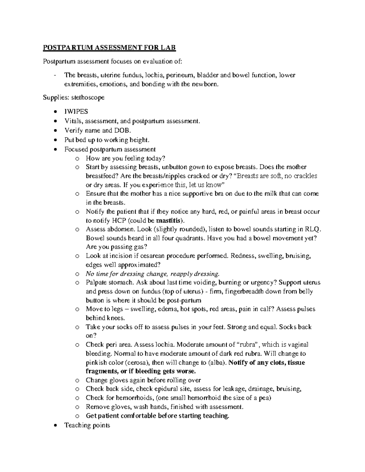 Postpartum Assessment for Lab - POSTPARTUM ASSESSMENT FOR LAB ...