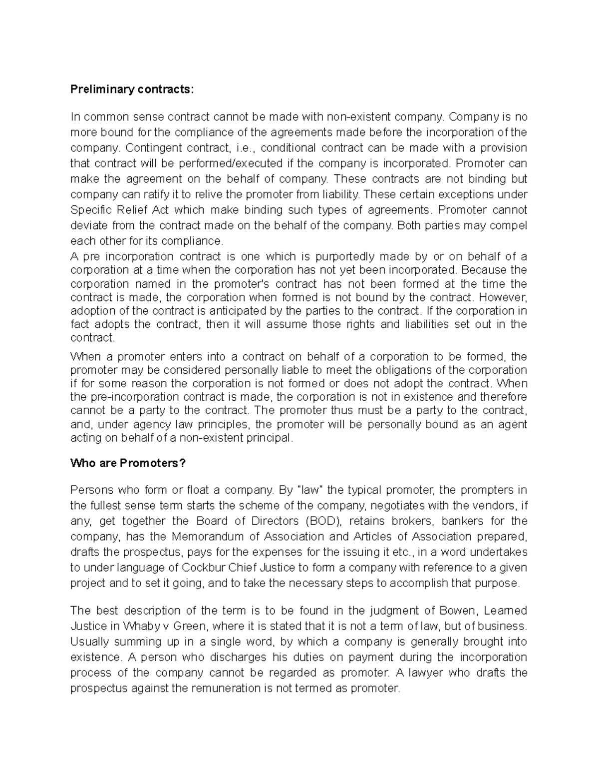 Preliminary Contracts and Promoters - Preliminary contracts: In common ...