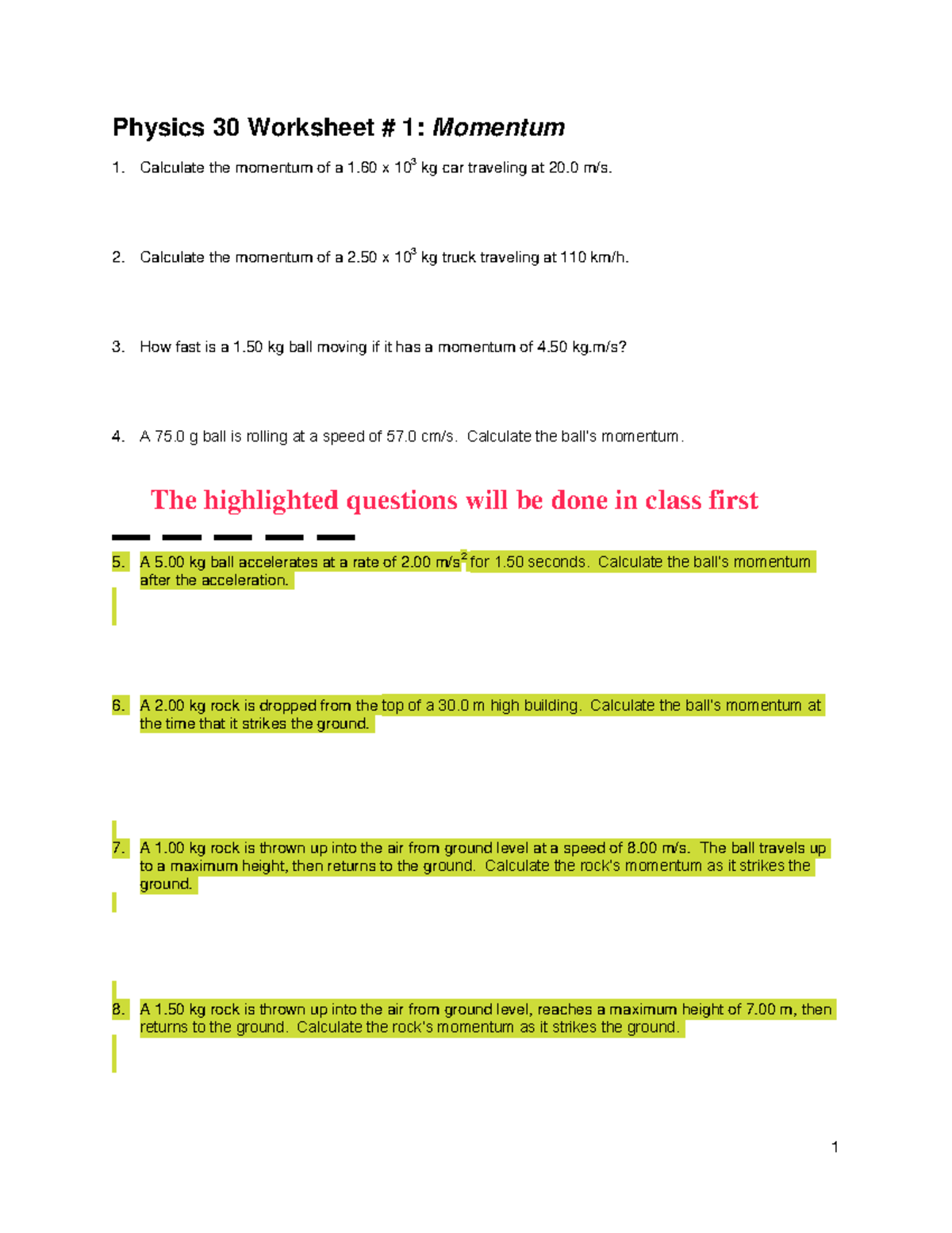 Momentum Practice Questions-1 - Physics 30 Worksheet # 1 : Momentum ...