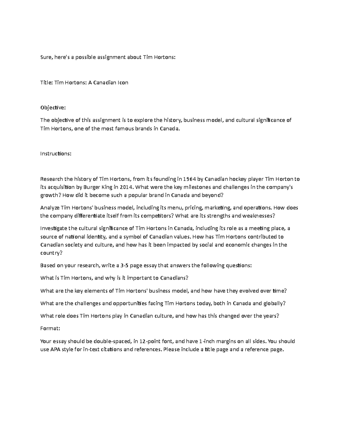 Tim - assingment - Sure, here's a possible assignment about Tim Hortons ...