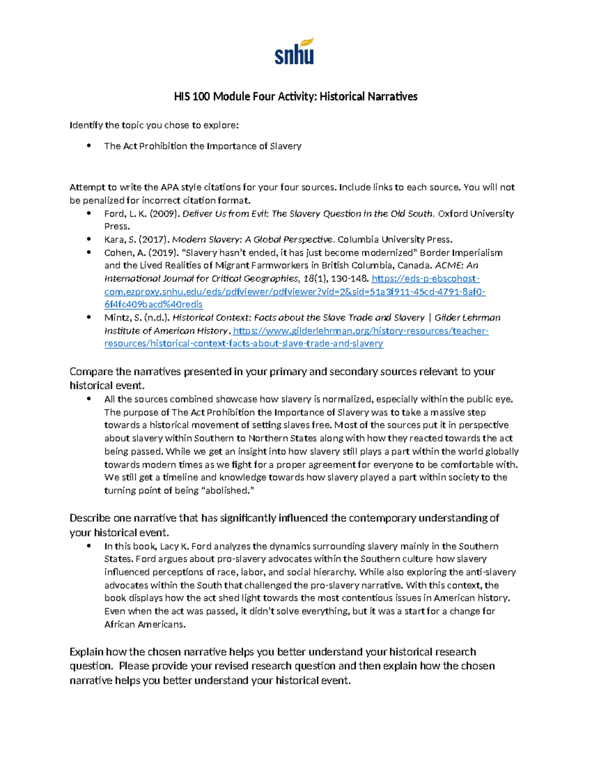 HIS100 Module Four Activity Narratives - HIS 100 Module Four Activity ...