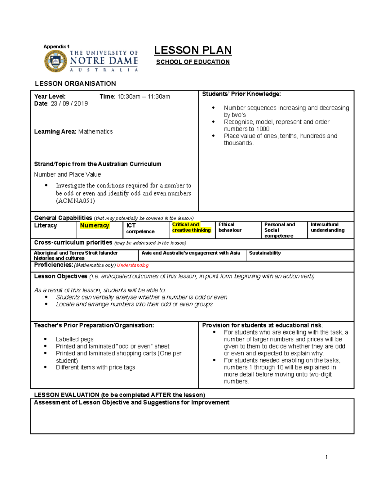 Lesson Plan - Odd and Even - Appendix 1 LESSON PLAN SCHOOL OF EDUCATION ...