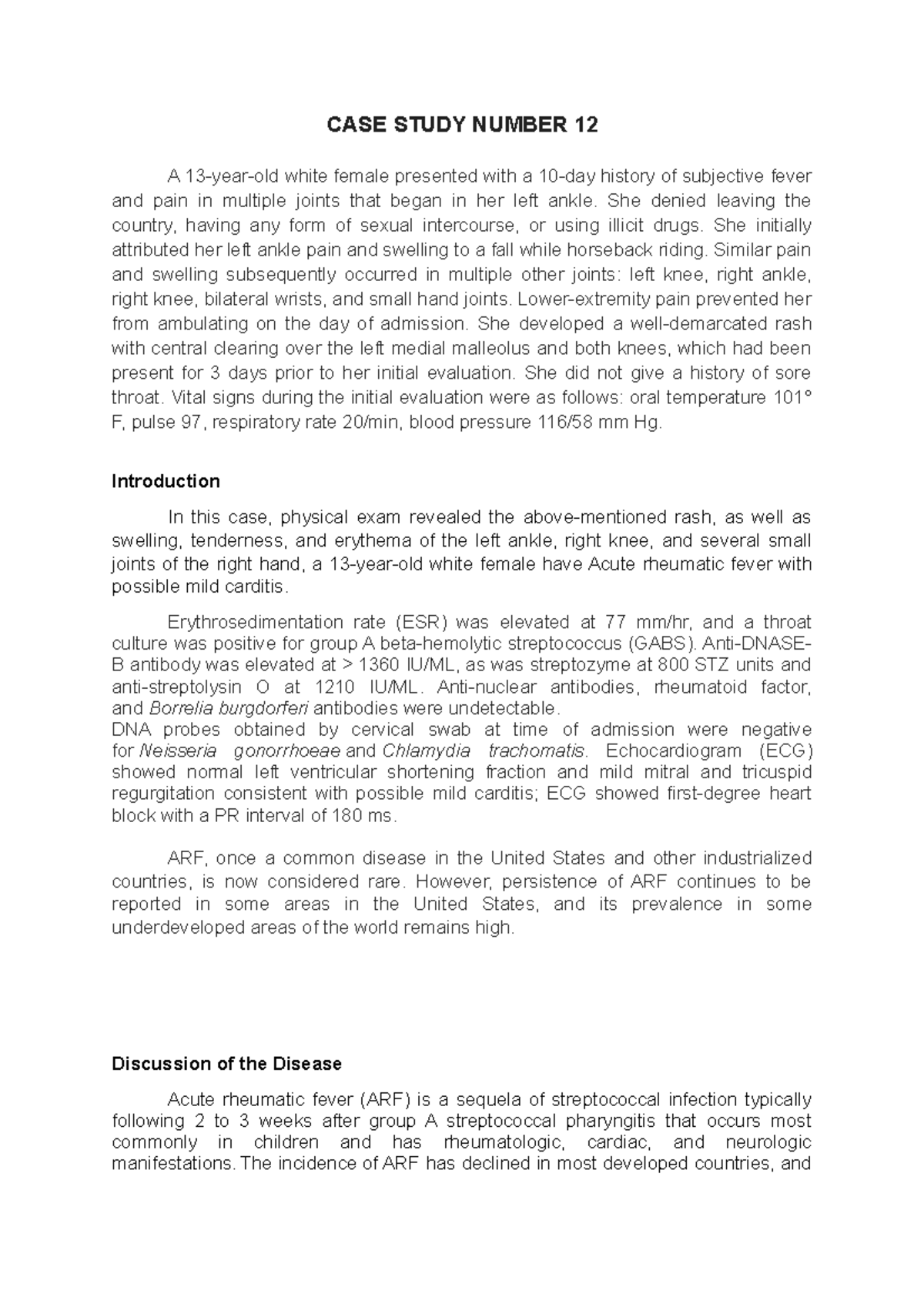 Case Study Number 12 - CASE STUDY NUMBER 12 A 13-year-old white female ...