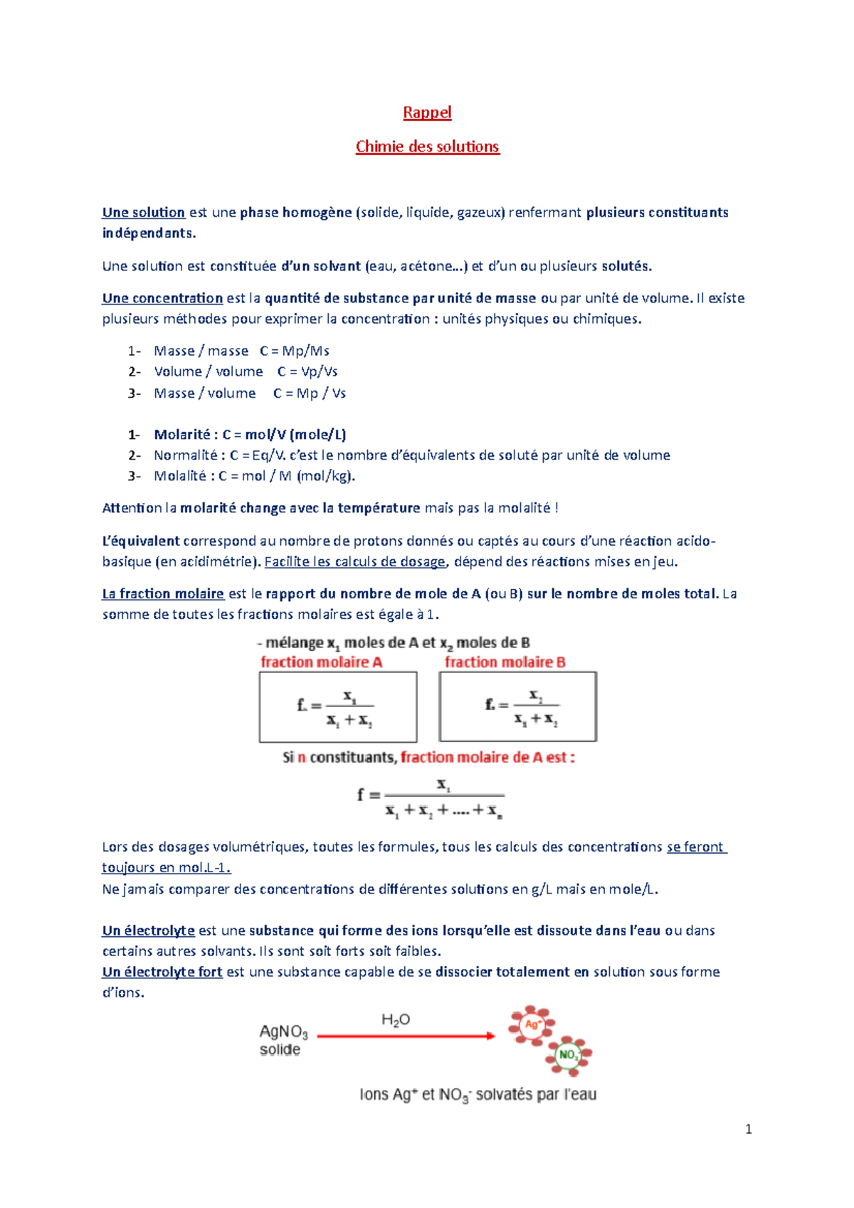 Cours 9. Rappel chimie en solution - Rappel Chimie des solutions Une ...