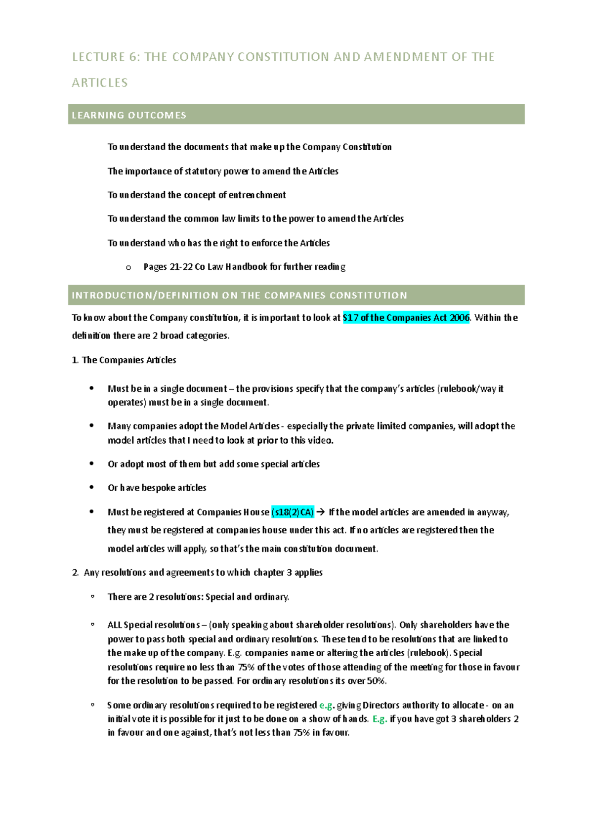L6-8 The company constitution - formatted notes - LECTURE 6: THE ...