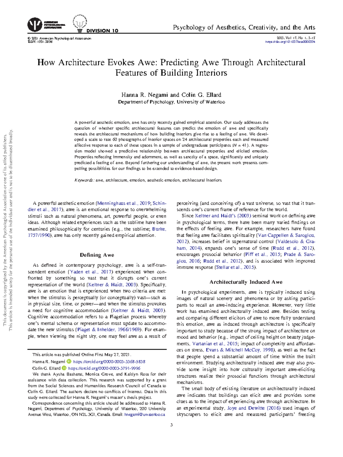 How Architecture Evokes Awe - Negami and Colin G. Ellard Department of ...