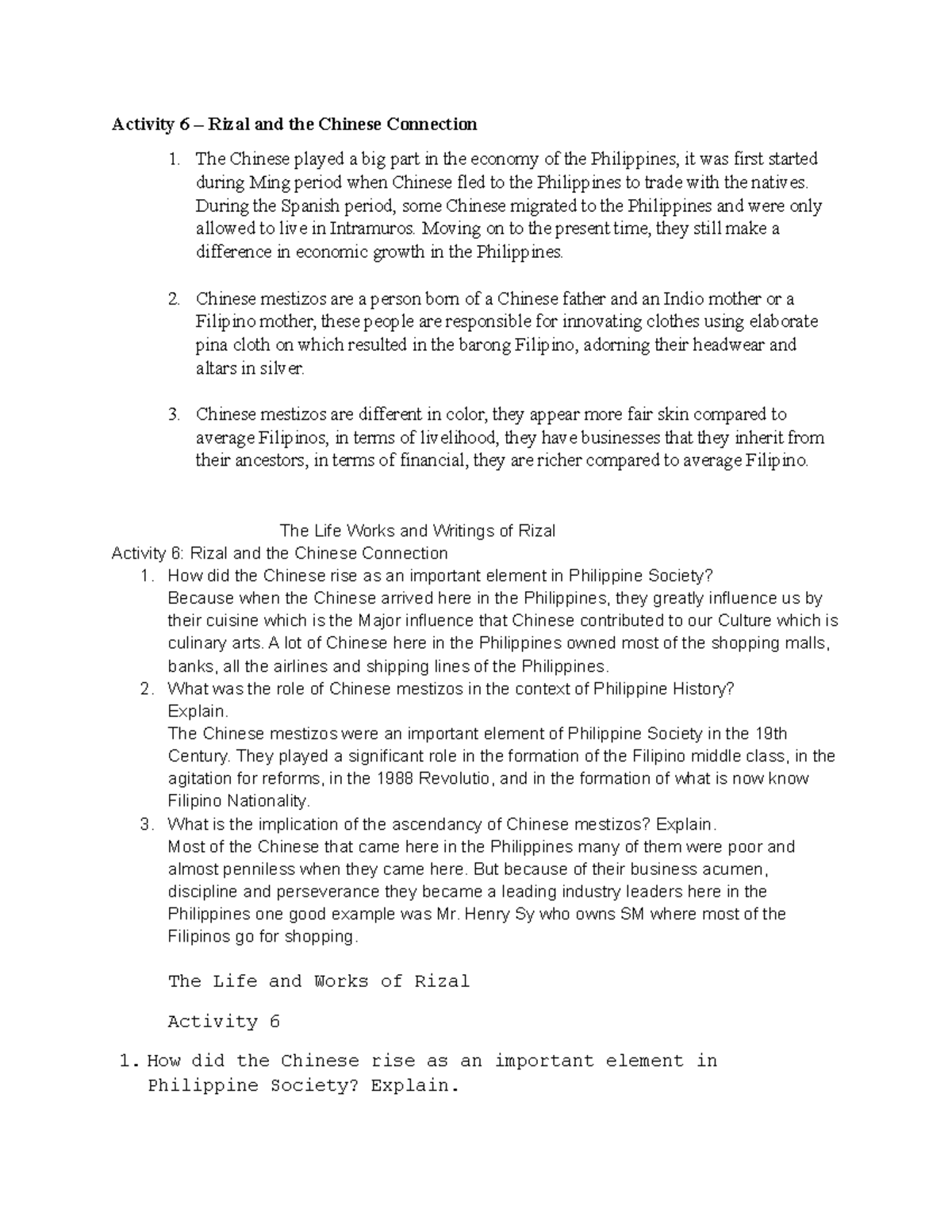 LV6 - Rizal-Chapter-6 - Activity 6 – Rizal and the Chinese Connection 1 ...