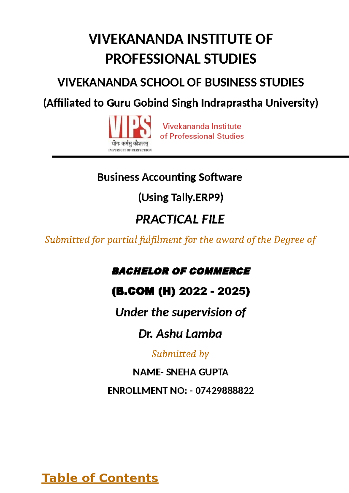 Company Creation Tally Sneha Gupta - VIVEKANANDA INSTITUTE OF ...