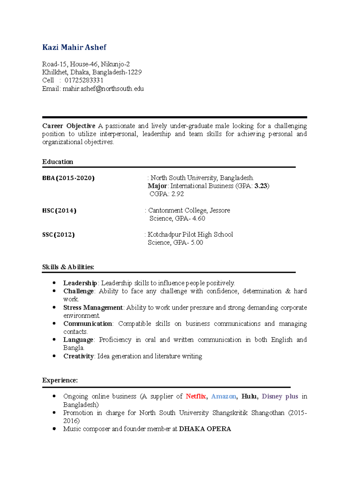 CV for b Kash - Cv for choice - Kazi Mahir Ashef Road-15, House-46 ...