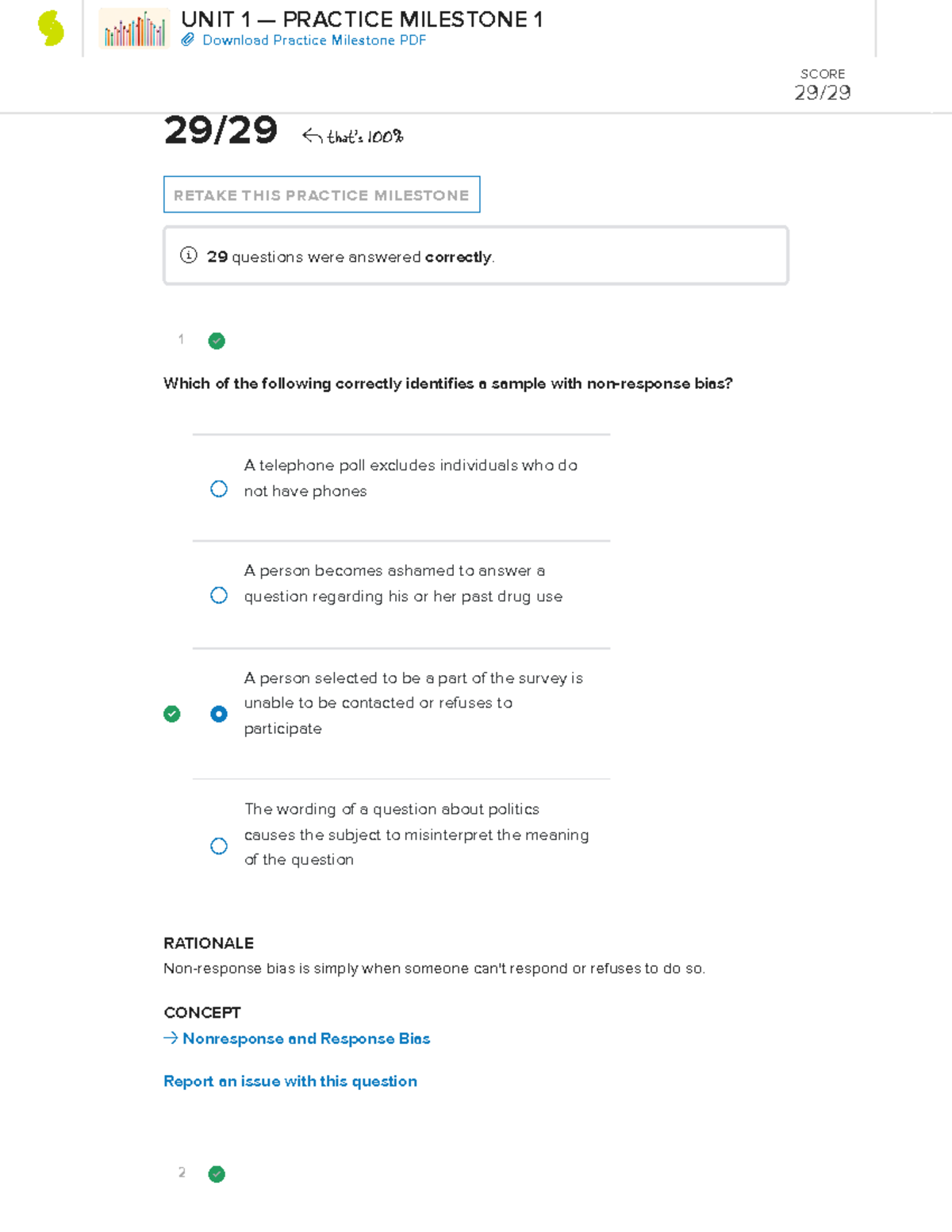 Stat Sophia Unit 1 Practice Milestone 1 - 1 CONCEPT → Nonresponse and ...