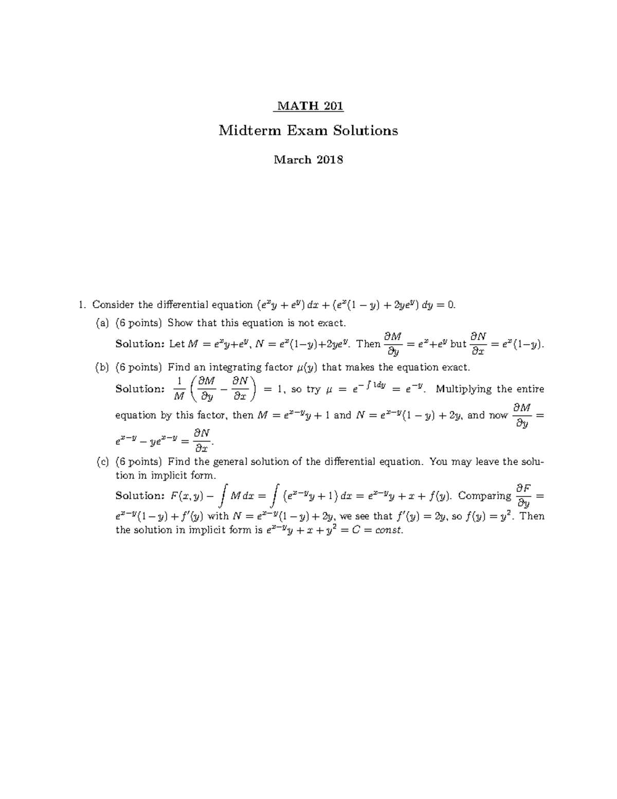 Midterm Winter 2018. Solutions included. - MATH 201 Midterm Exam ...