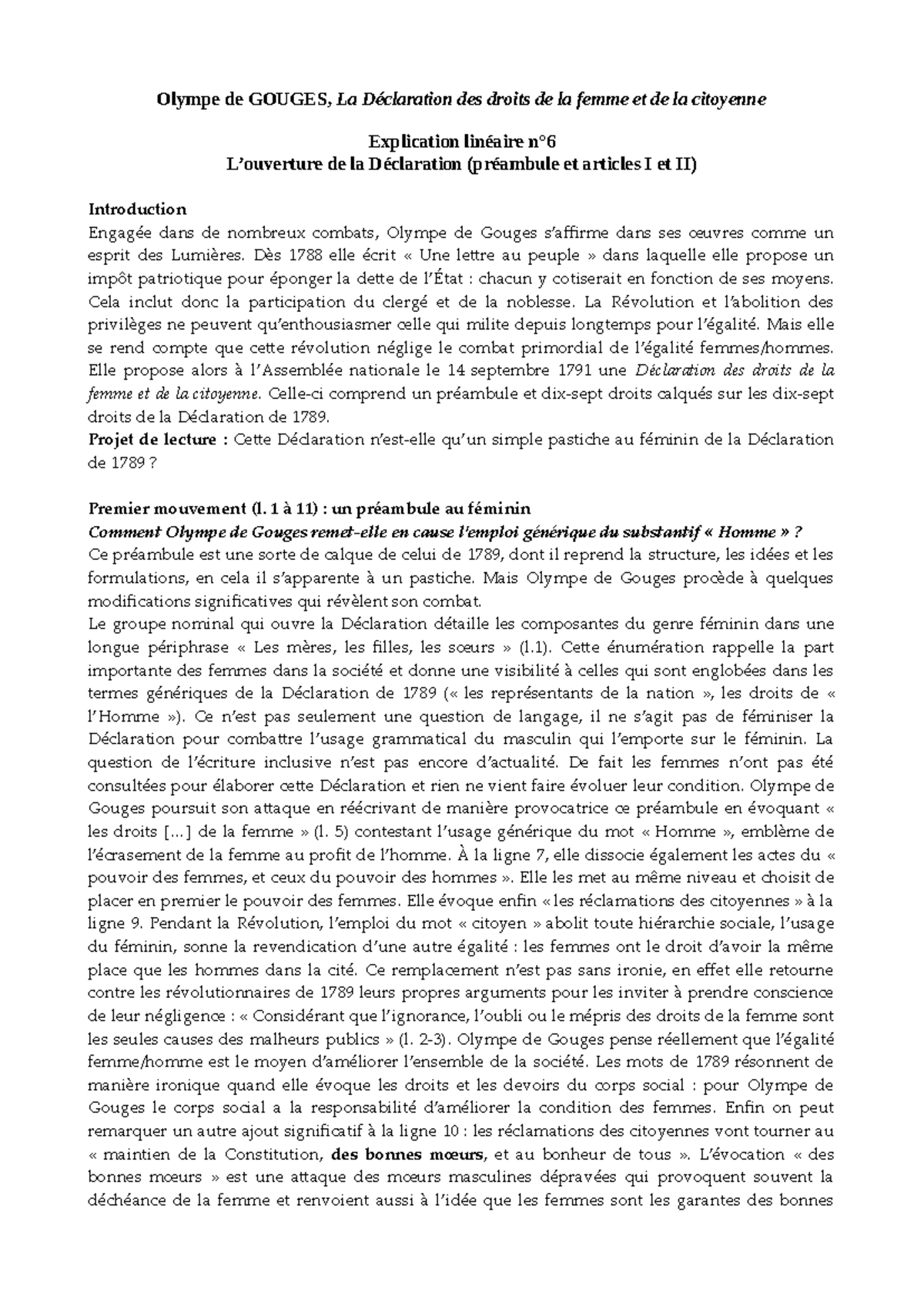LL Pr ambule Articles 1 et 2 - Olympe de GOUGES, La Déclaration des droits de la femme et de la ...
