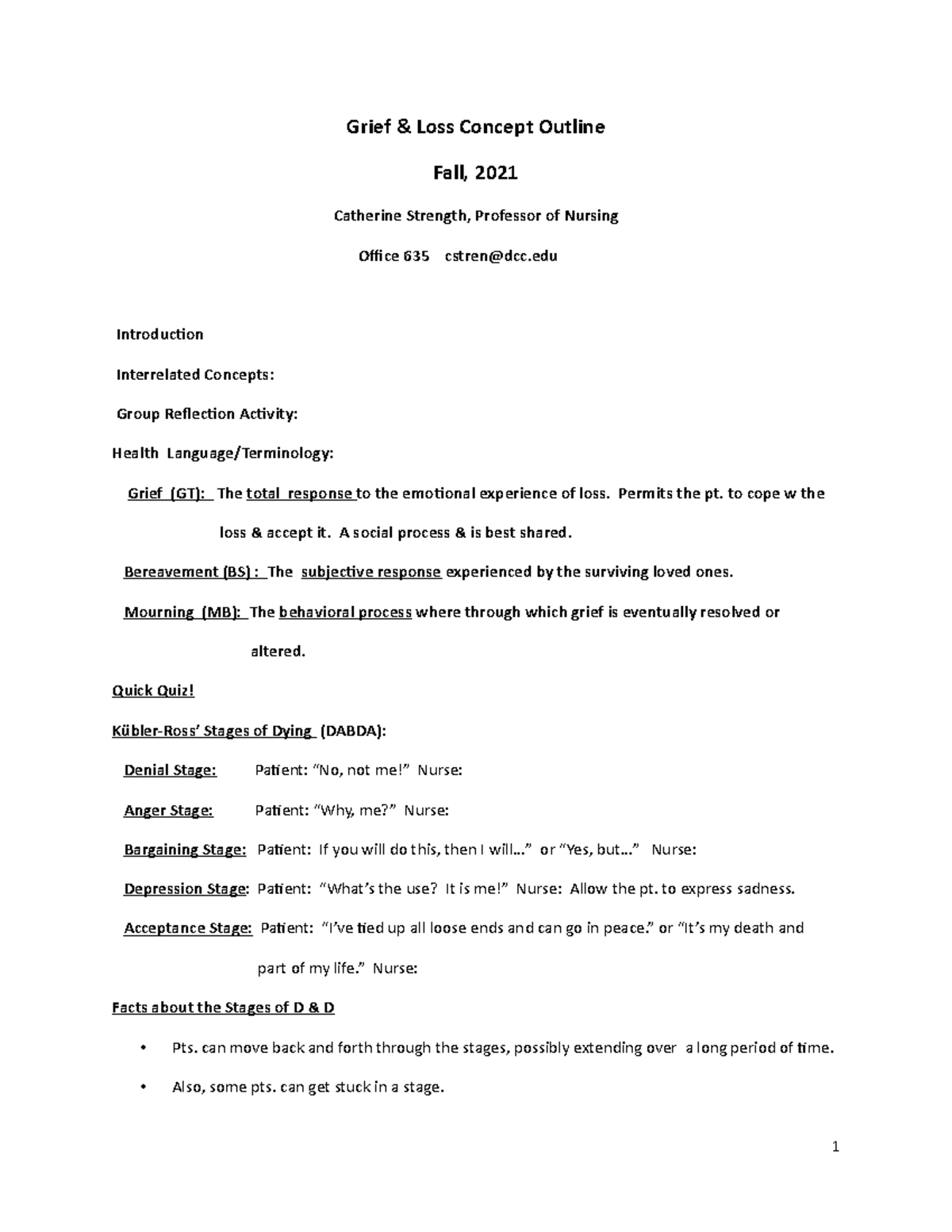 Grief Loss and Class Concept Fall 2021 - Grief Loss Concept Outline ...