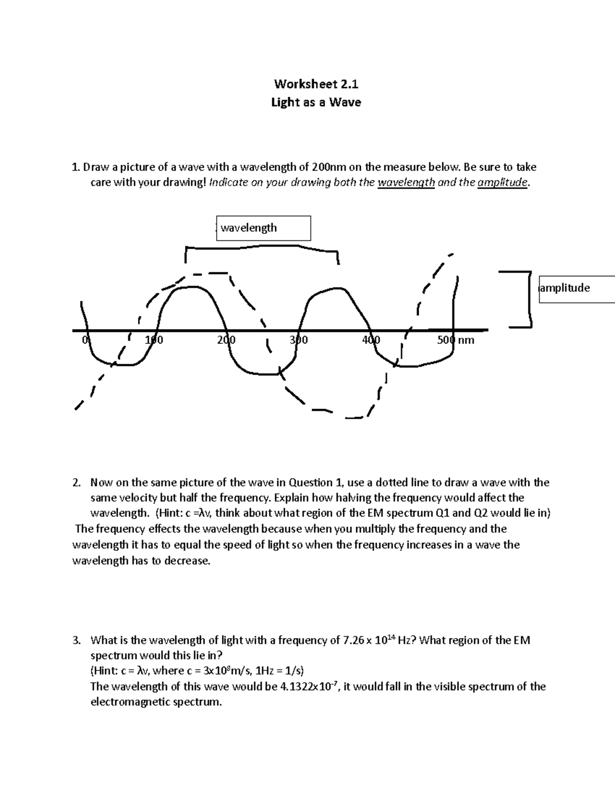 Chem worksheet 2.1 - Worksheet 2. Light as a Wave Draw a picture of a ...