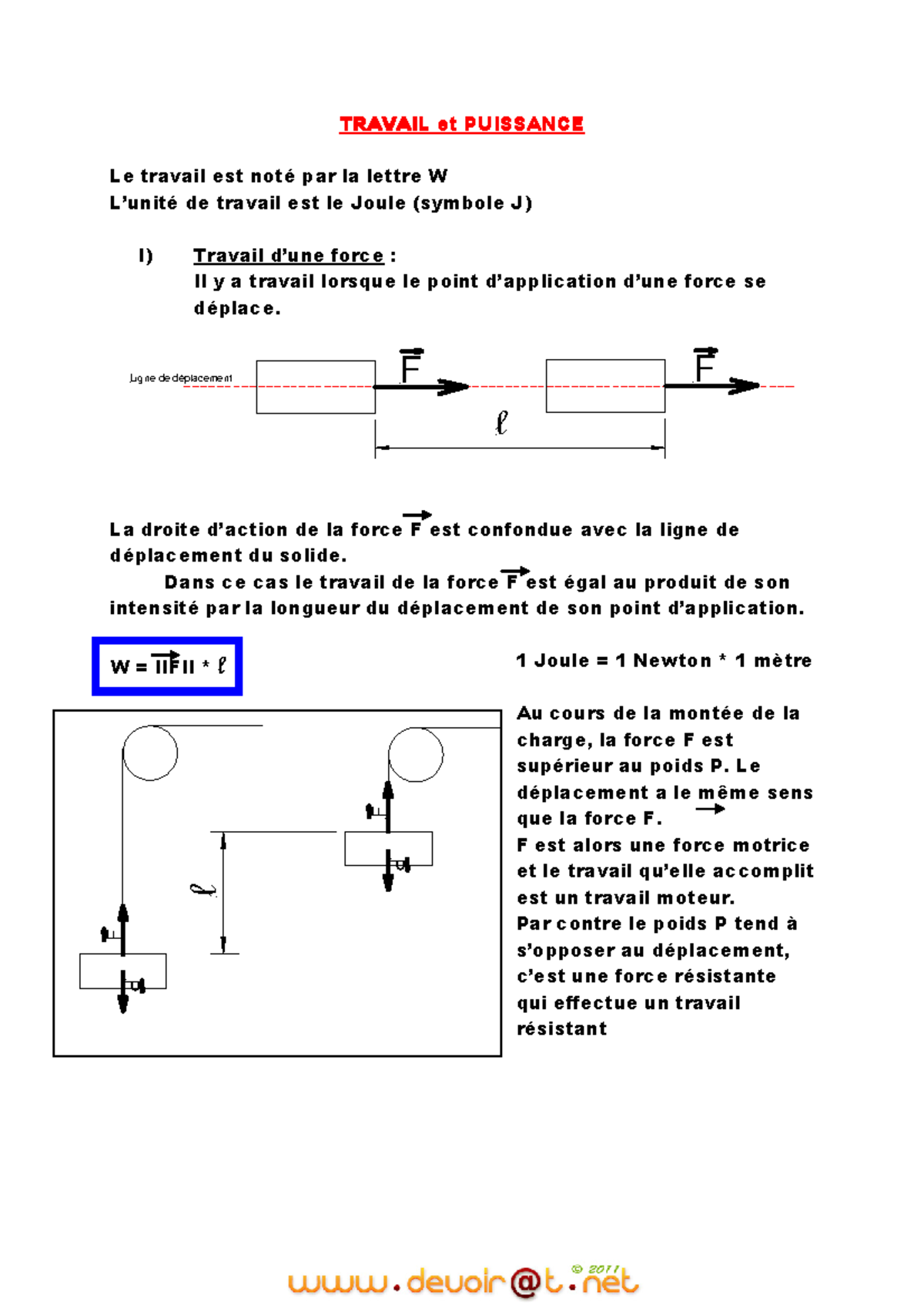 Cours - Sciences physiques travail et puissance - 2ème Sciences (2010-2011 ) Mr mouhemed 1 - Studocu