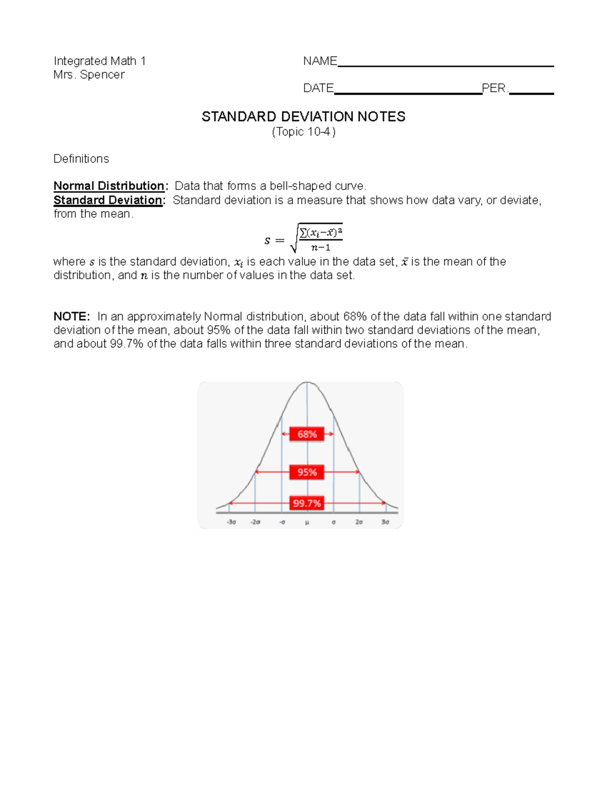 Standard Deviation Notes - Integrated Math 1 NAME Mrs. Spencer DATE PER ...
