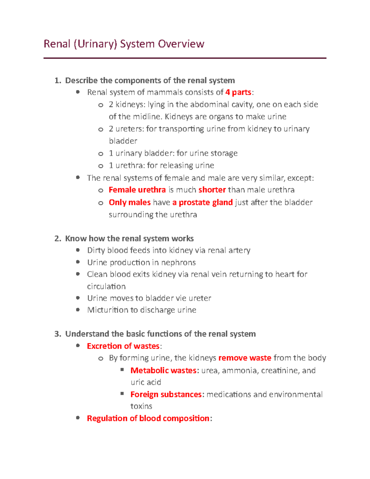 Renal System Overview - Renal (Urinary) System Overview Describe the ...