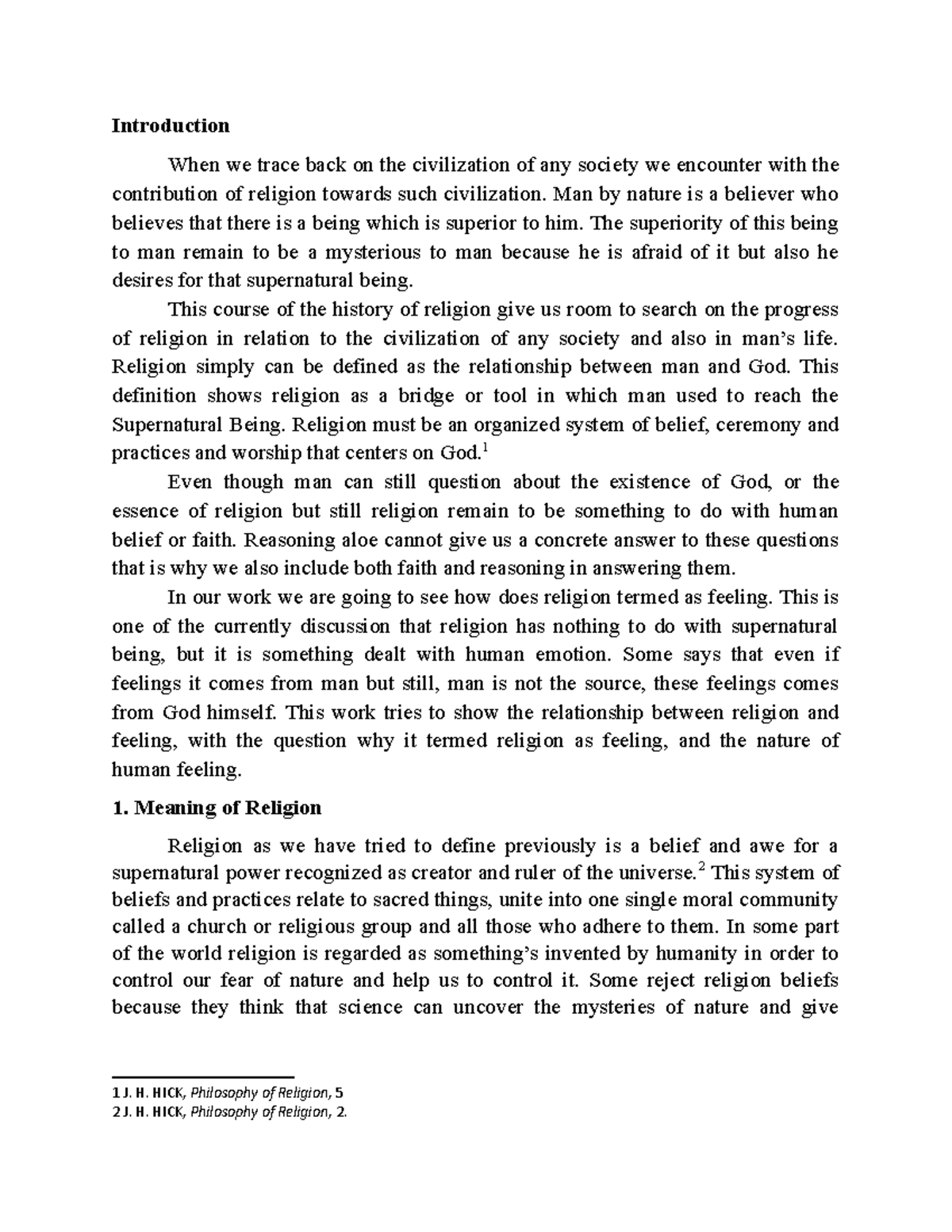 Religion as feeling - Introduction When we trace back on the ...