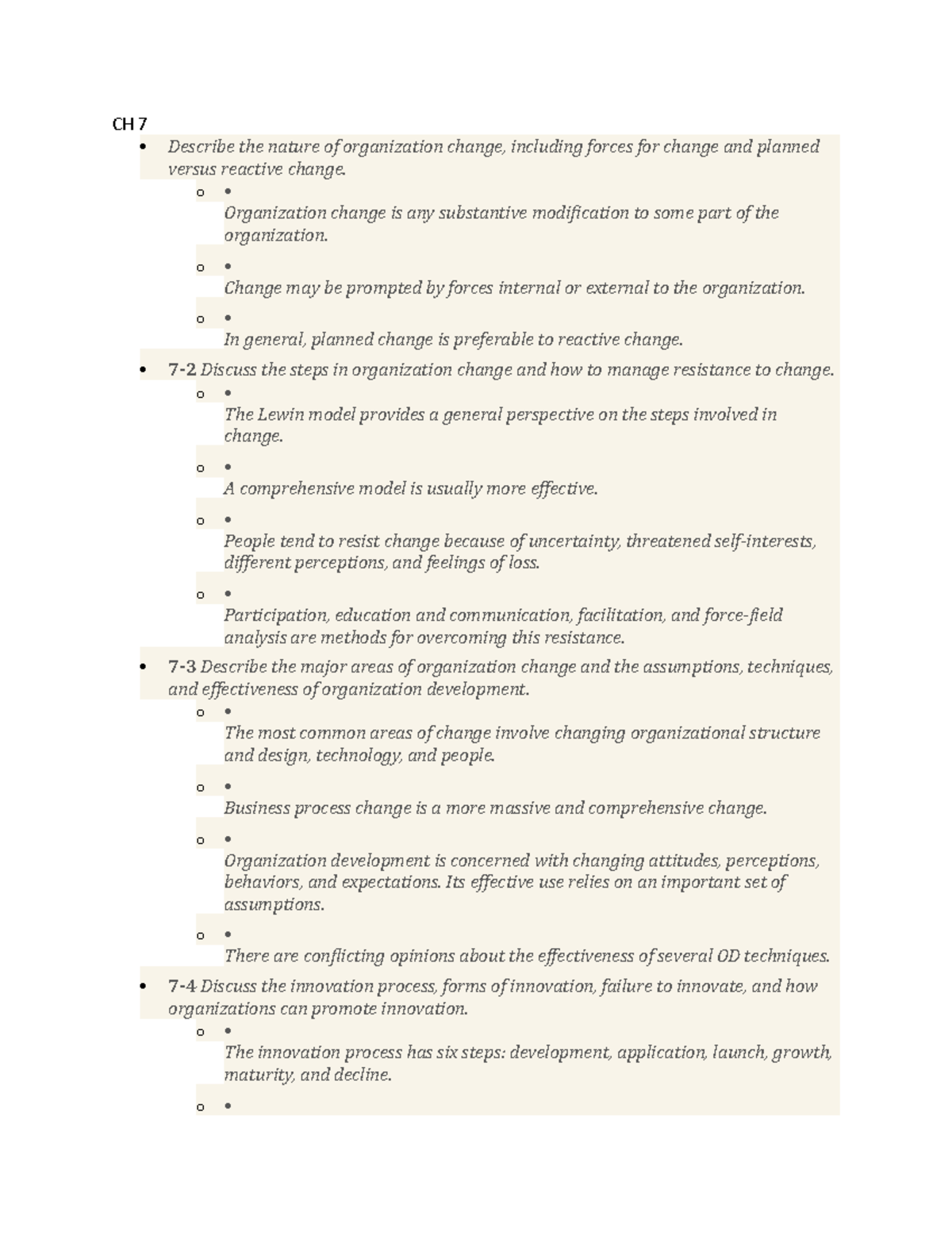 CH 7 - SUMMARY OF CH7 ORGANIZATION CHANGE AND INNOVATION - CH 7 ...