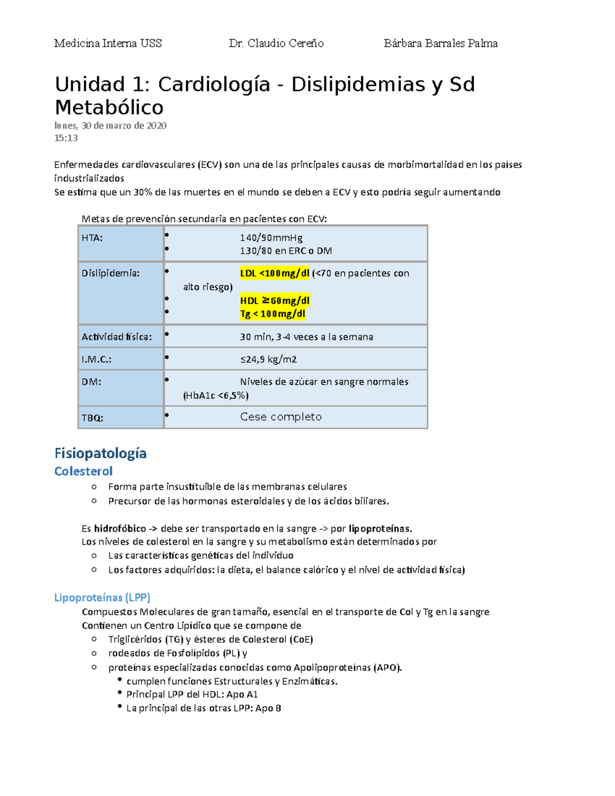 Cardiología Clase 10 DLP y Sd Metabólico - Unidad 1: Cardiología ...