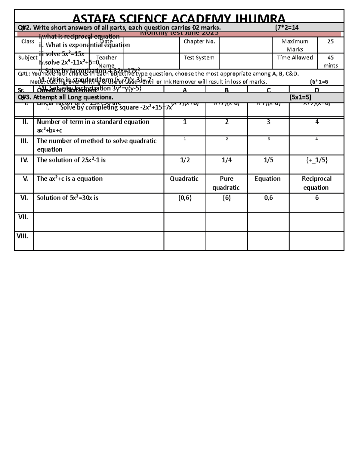 Test Format Monthly Test ASTAFA SCIENCE ACADEMY JHUMRA Monthly Test