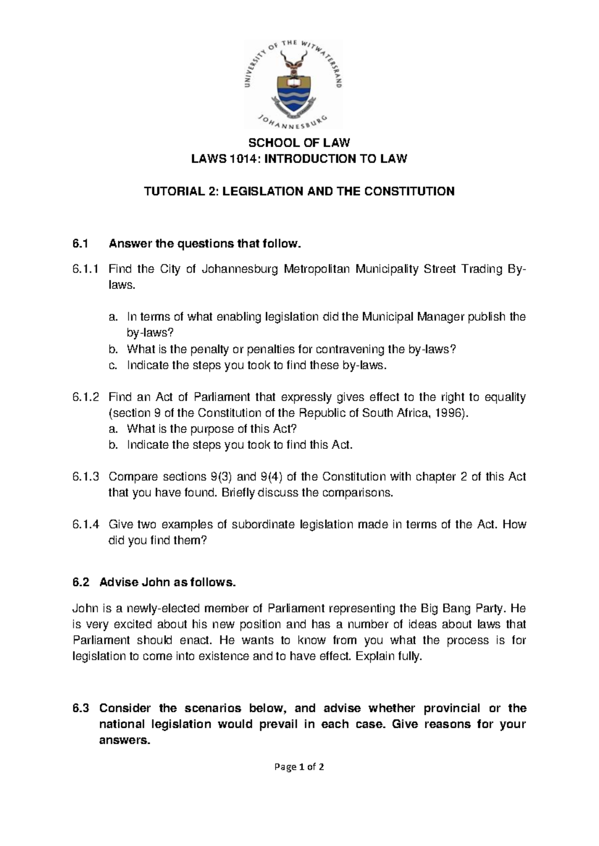 LAWS1014A Tutorial+TWO Legislation - Page 1 of 2 SCHOOL OF LAW LAWS ...
